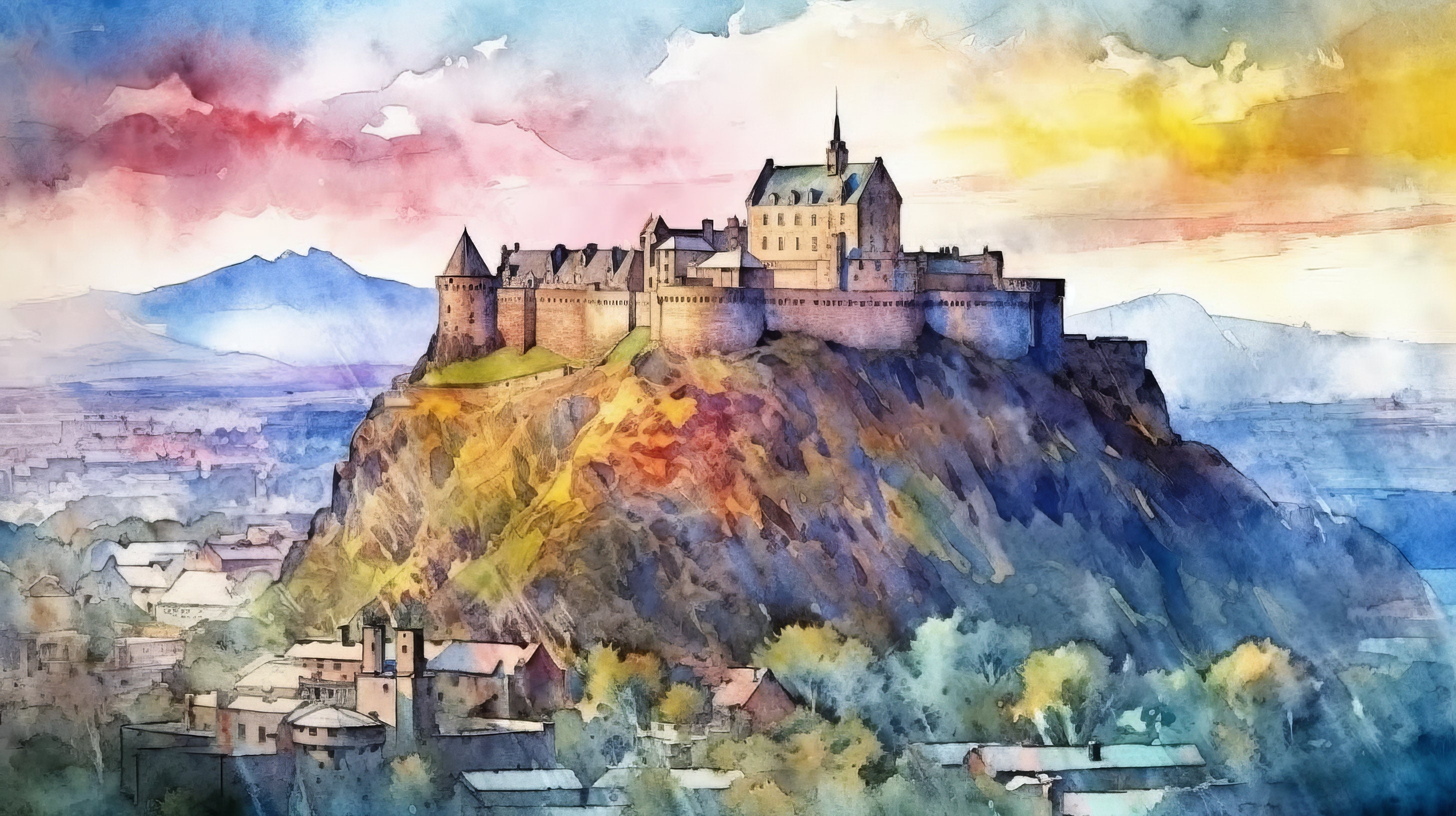 Edinburgh Castle Edinburgh Scotland Art Bundle of Watercolor Wall Art ...
