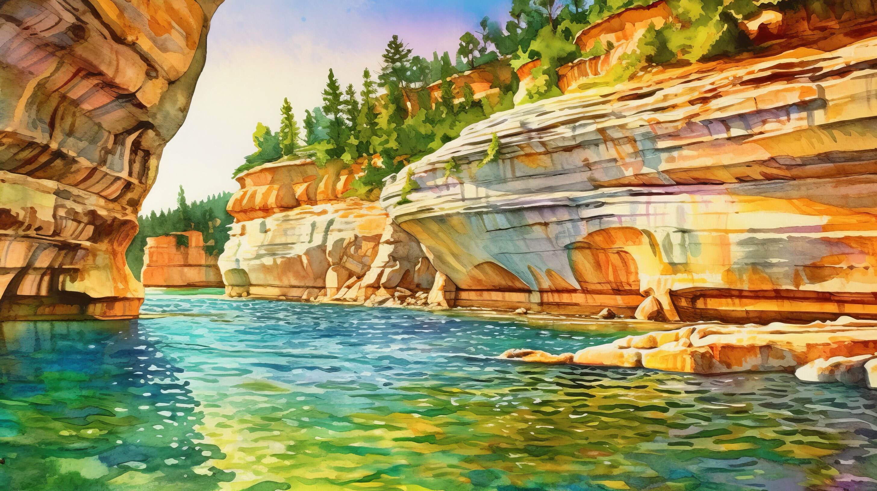 Pictured Rocks Print National Lakeshore Michigan Art Watercolor Digital ...