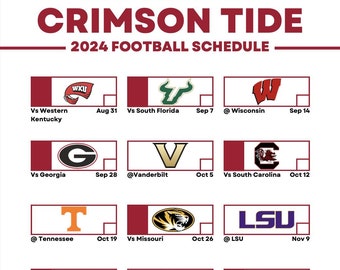 Alabama Football 2024 Printable Schedule Crimson Tide SEC Printable Schedule Football Etsy