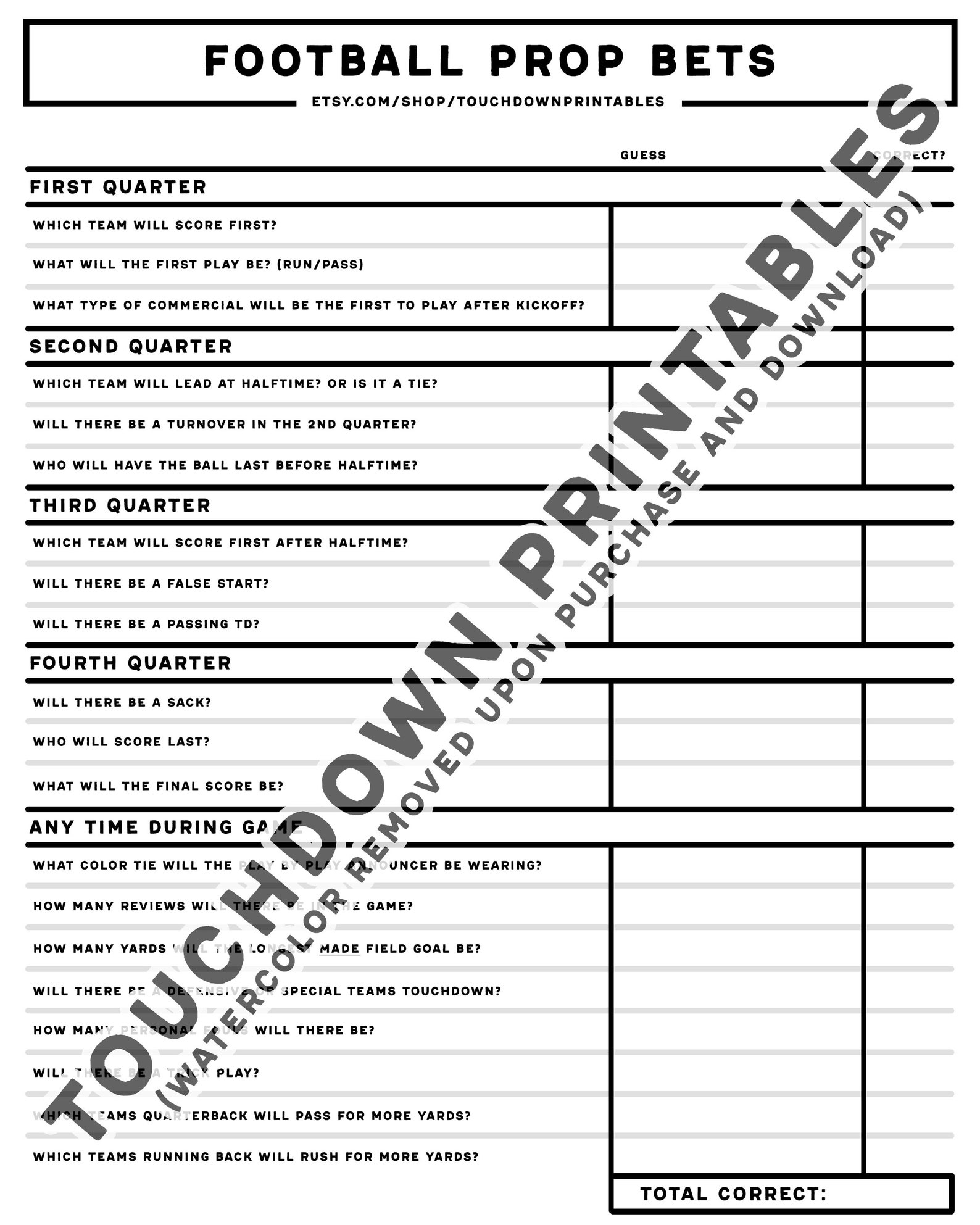 Football Prop Bets | Football Game | Printable Prop Bets - Etsy
