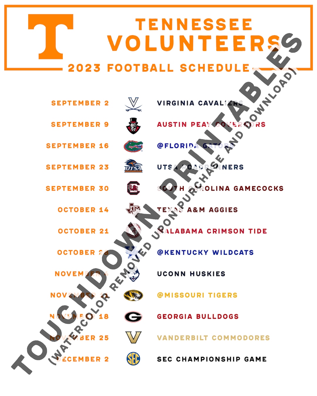 Tennessee Volunteers Football 2023 Printable Schedule Football Schedule ...