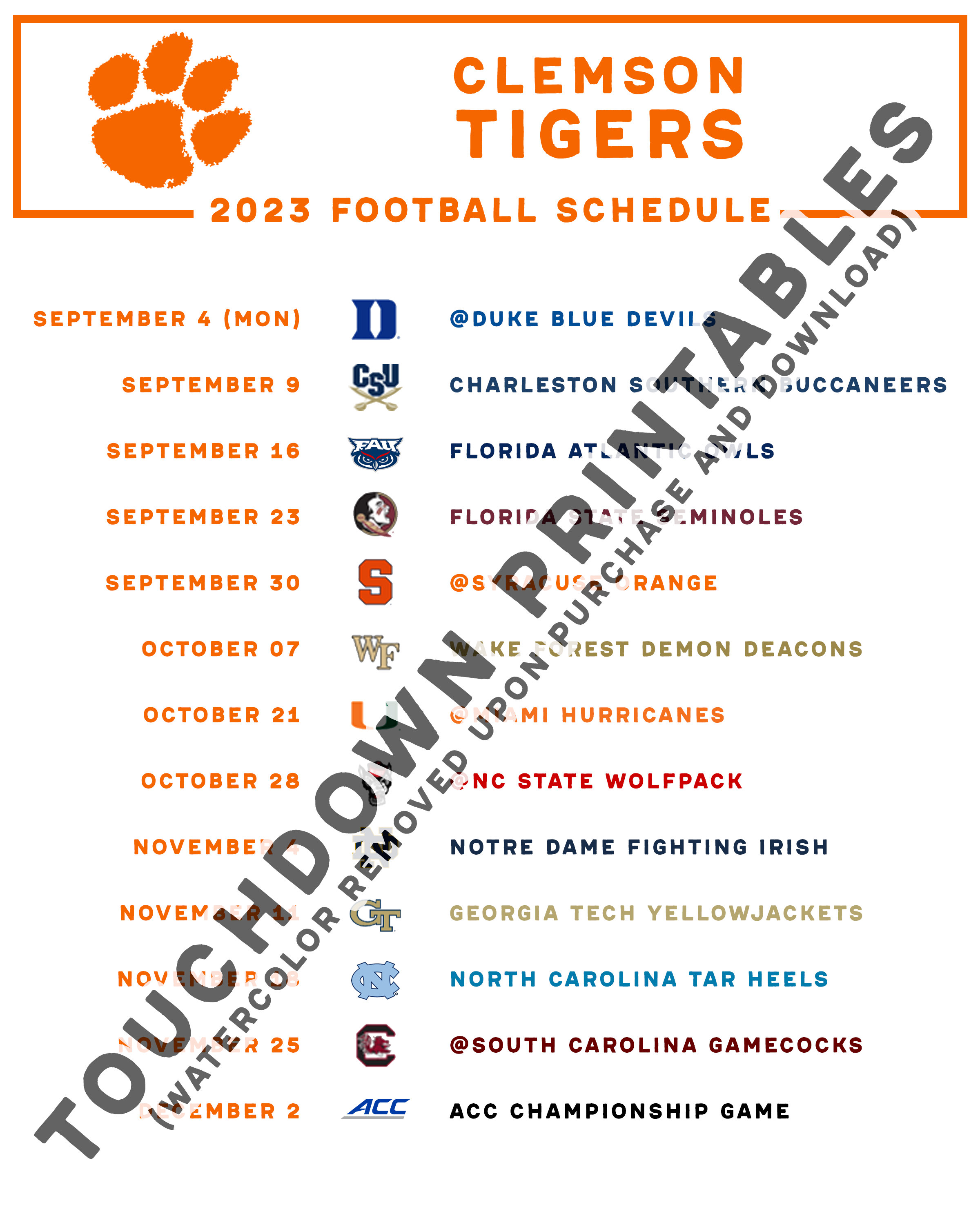 Clemson Tigers Clemson ACC Printable Schedules 2023 - Etsy