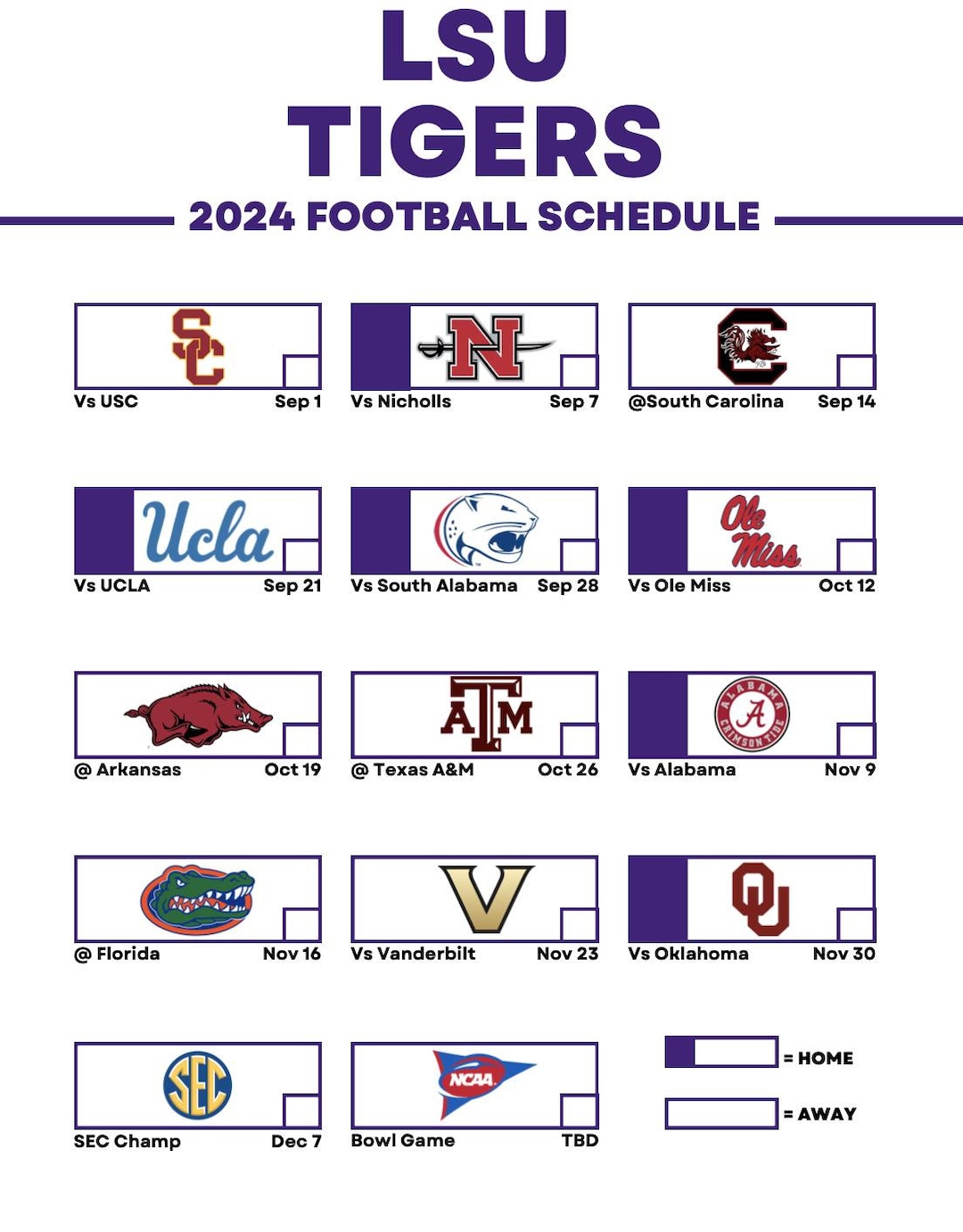 LSU Tigers Football 2024 Printable Schedule SEC LSU Tigers - Etsy