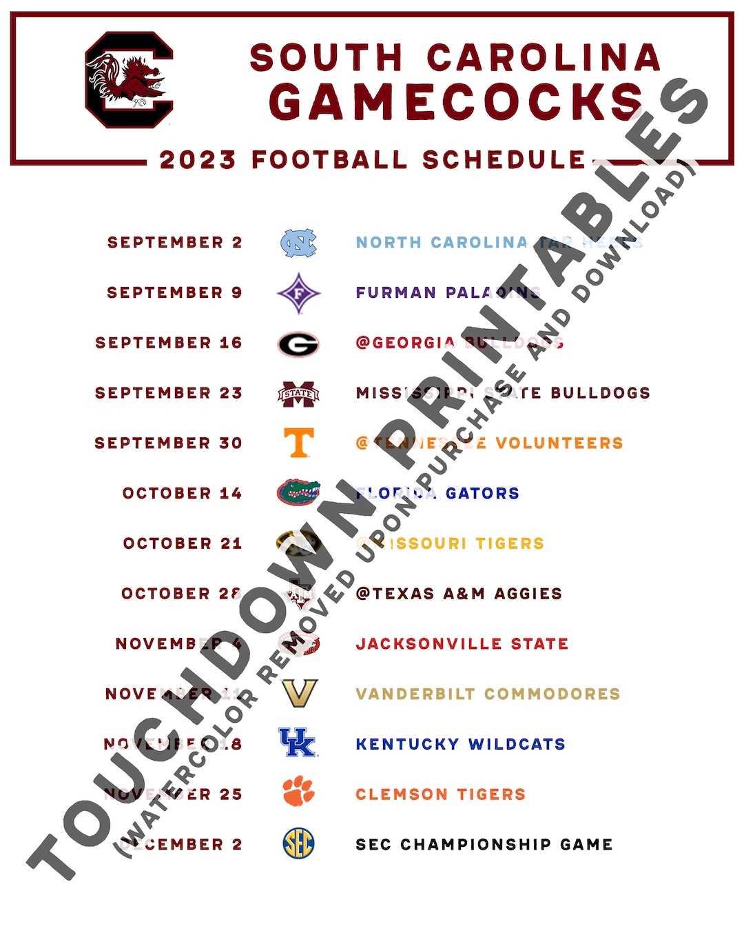 South Carolina Gamecocks Football Printable Schedule SEC South Carolina ...