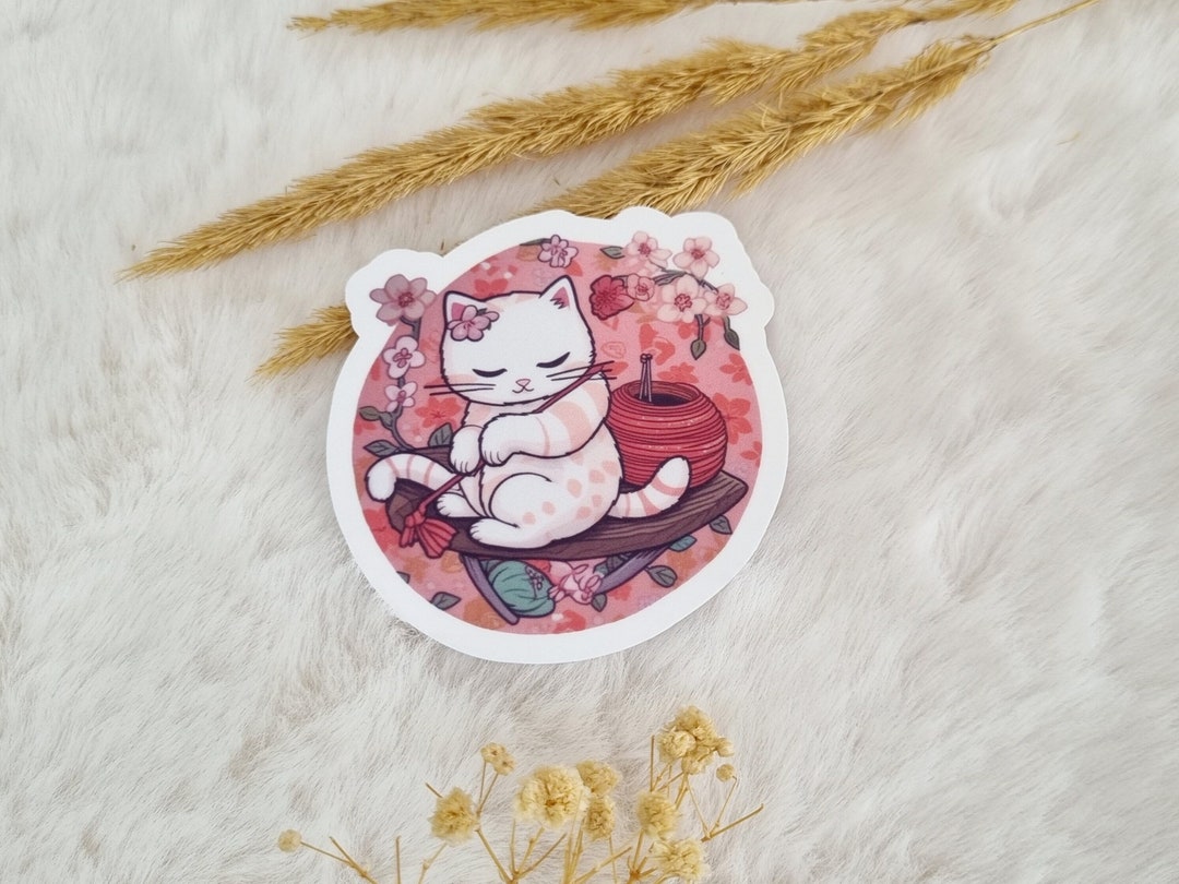 Cute Kawaii Cat Waterproof Sticker Glossy Cute Pink Cherry Blossoms ...