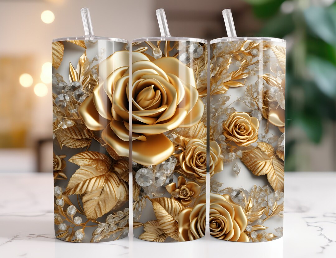 3D Royal Gold Roses Flowers Botanical 20 Oz Skinny Tumbler Sublimation ...