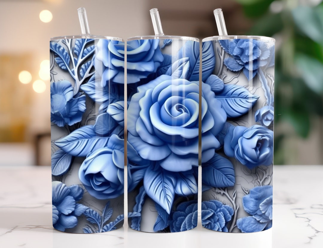 3D Delft Blue Roses Flowers Botanical 20 Oz Skinny Tumbler Sublimation ...