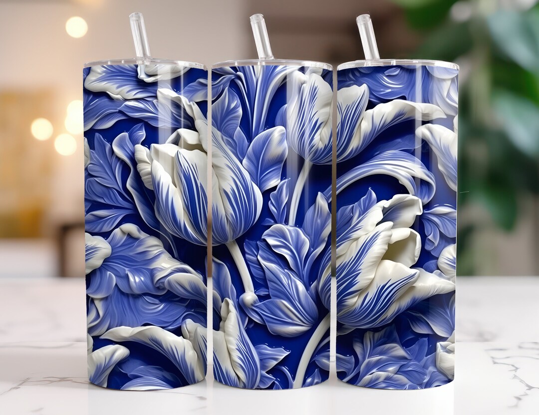 3D Delft Blue Tulips 20 Oz Skinny Tumbler Sublimation Design, Straight ...