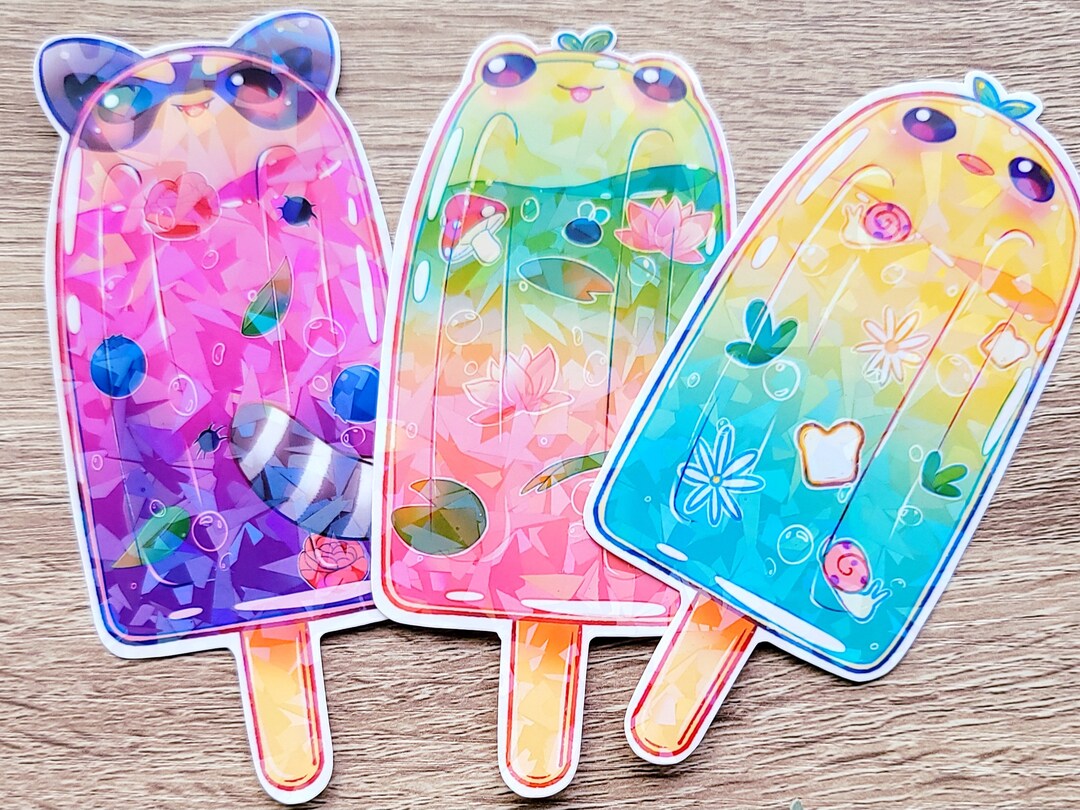 Popsicle Friends Vinyl Die Cut Stickers Frog Raccoon Duck Holographic ...