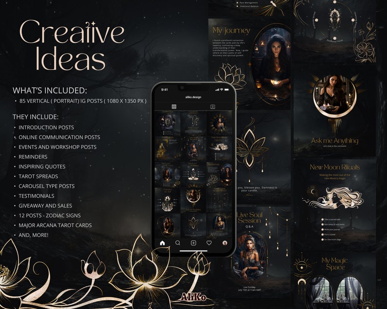 Spiritual Instagram Post Templates: Black, Gold in Canva Fantasy IG ...