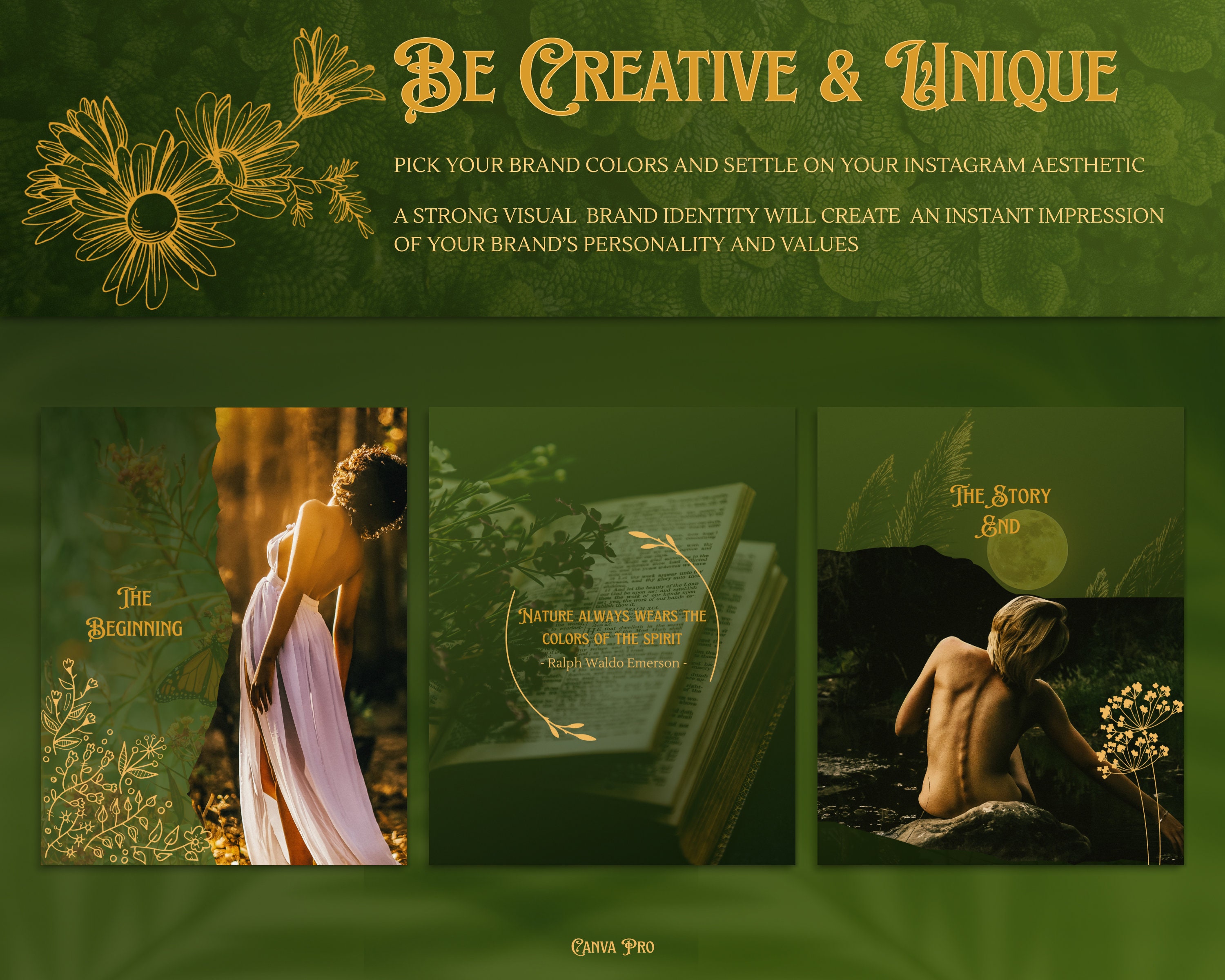 Spiritual Instagram Post Templates: Dark Green & Gold Canva for Herbal ...
