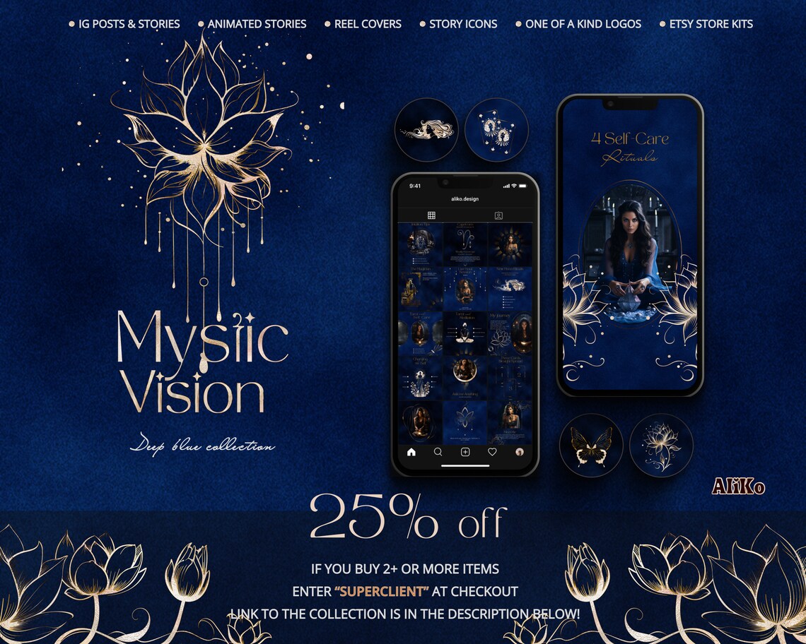Spiritual Instagram Post Templates: Navy Blue, Gold in Canva | Mystic ...