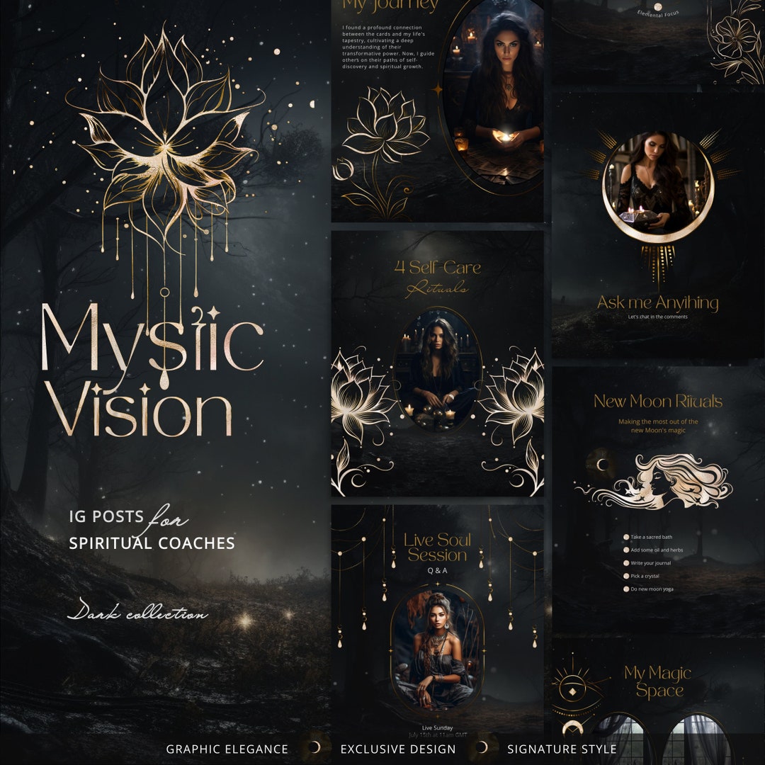Spiritual Instagram Post Templates: Black, Gold in Canva Mystic IG ...
