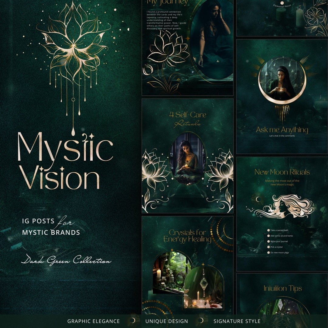 Spiritual Instagram Post Template: Green, Gold in Canva Fantasy ...