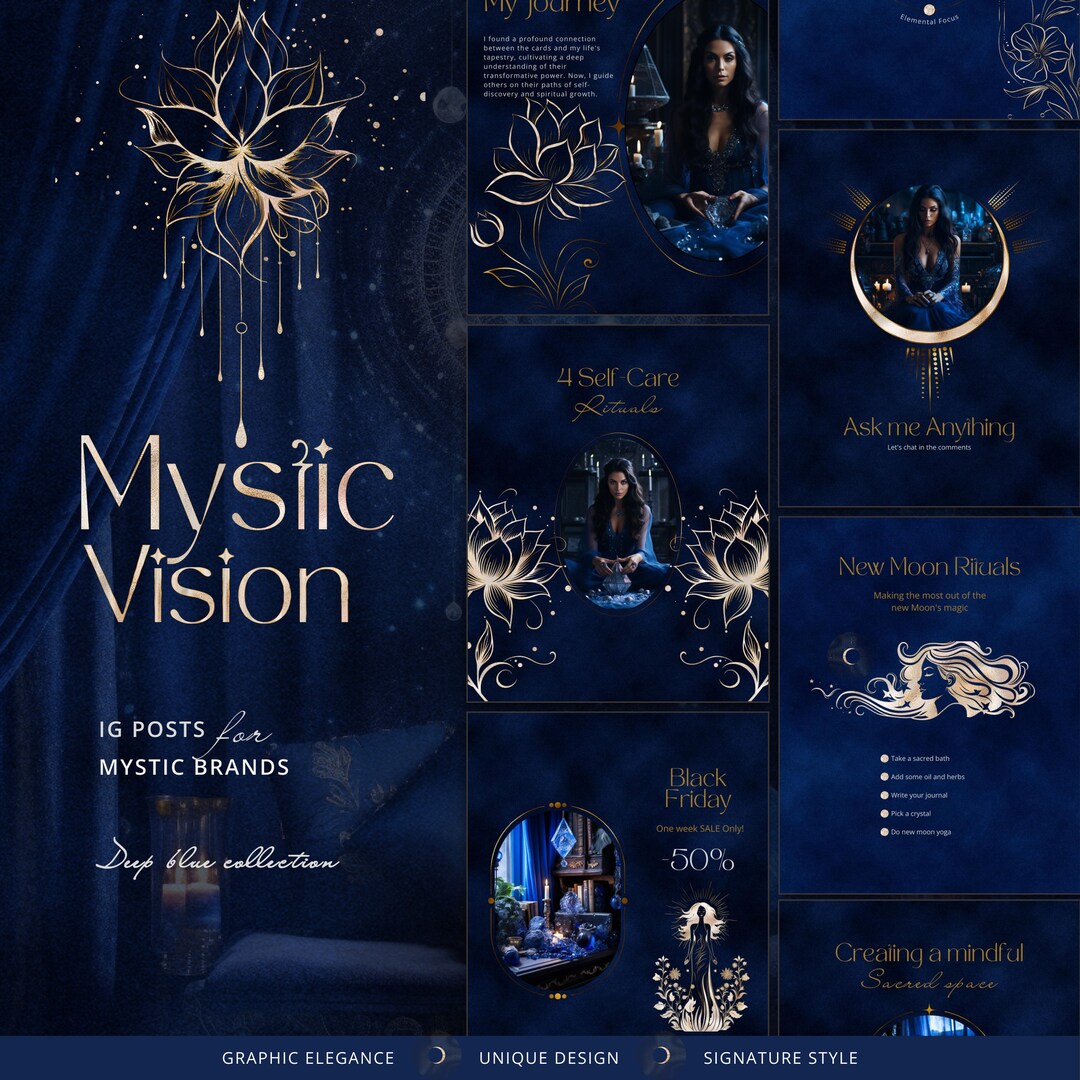 Spiritual Instagram Post Templates: Navy Blue, Gold in Canva Mystic ...