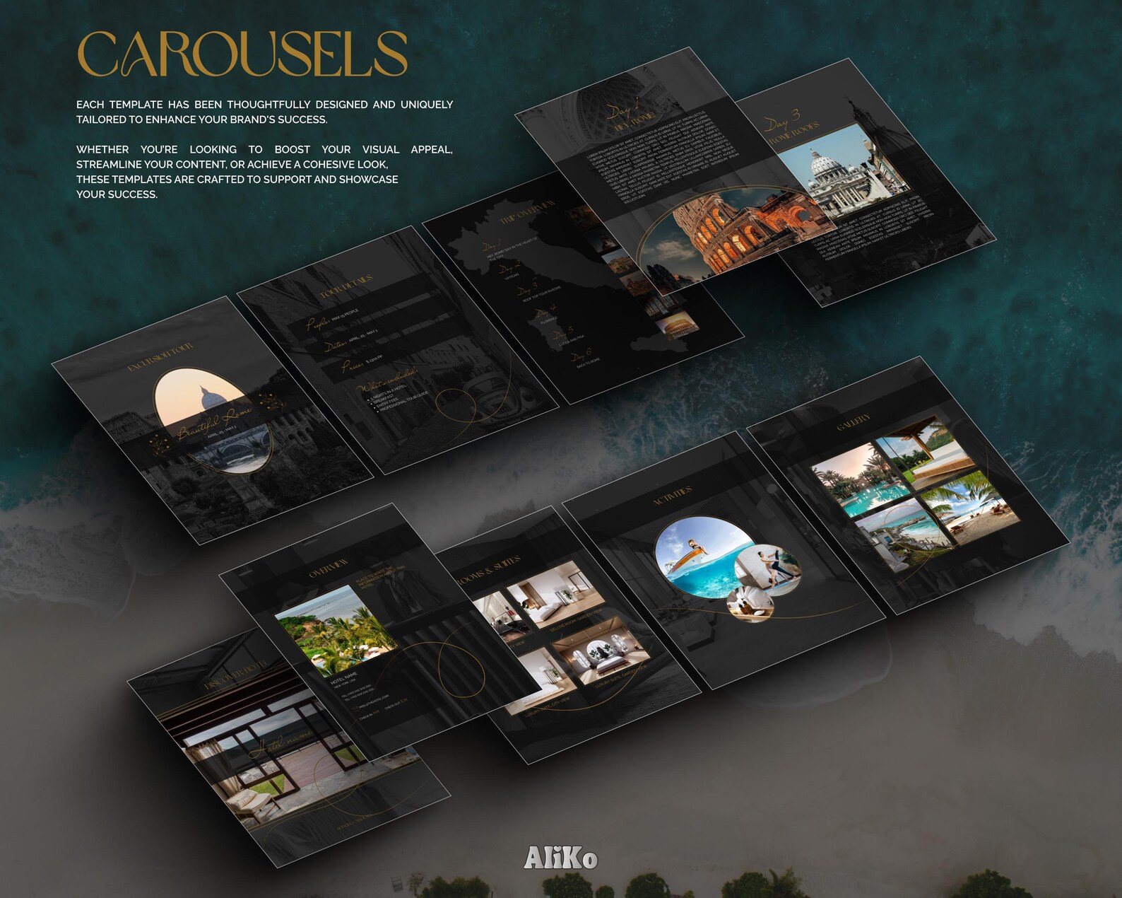 Travel Instagram Templates for Agents: Luxury, Black, Dark, Gold in ...