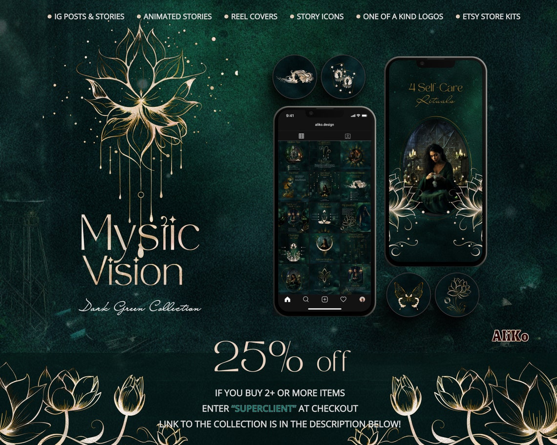 Spiritual Instagram Post Template: Green, Gold in Canva Fantasy ...