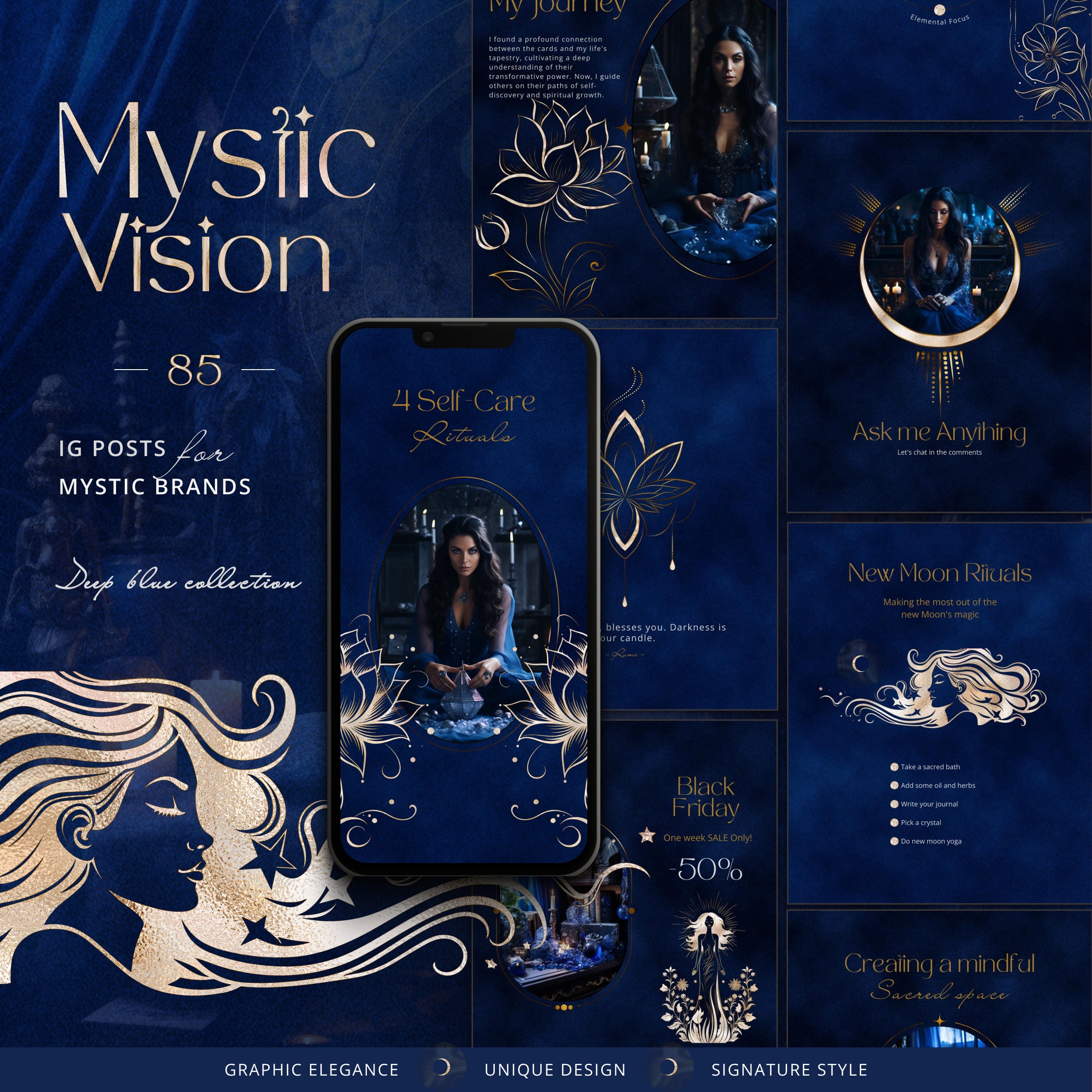 Spiritual Instagram Post Templates: Navy Blue, Gold in Canva Mystic ...