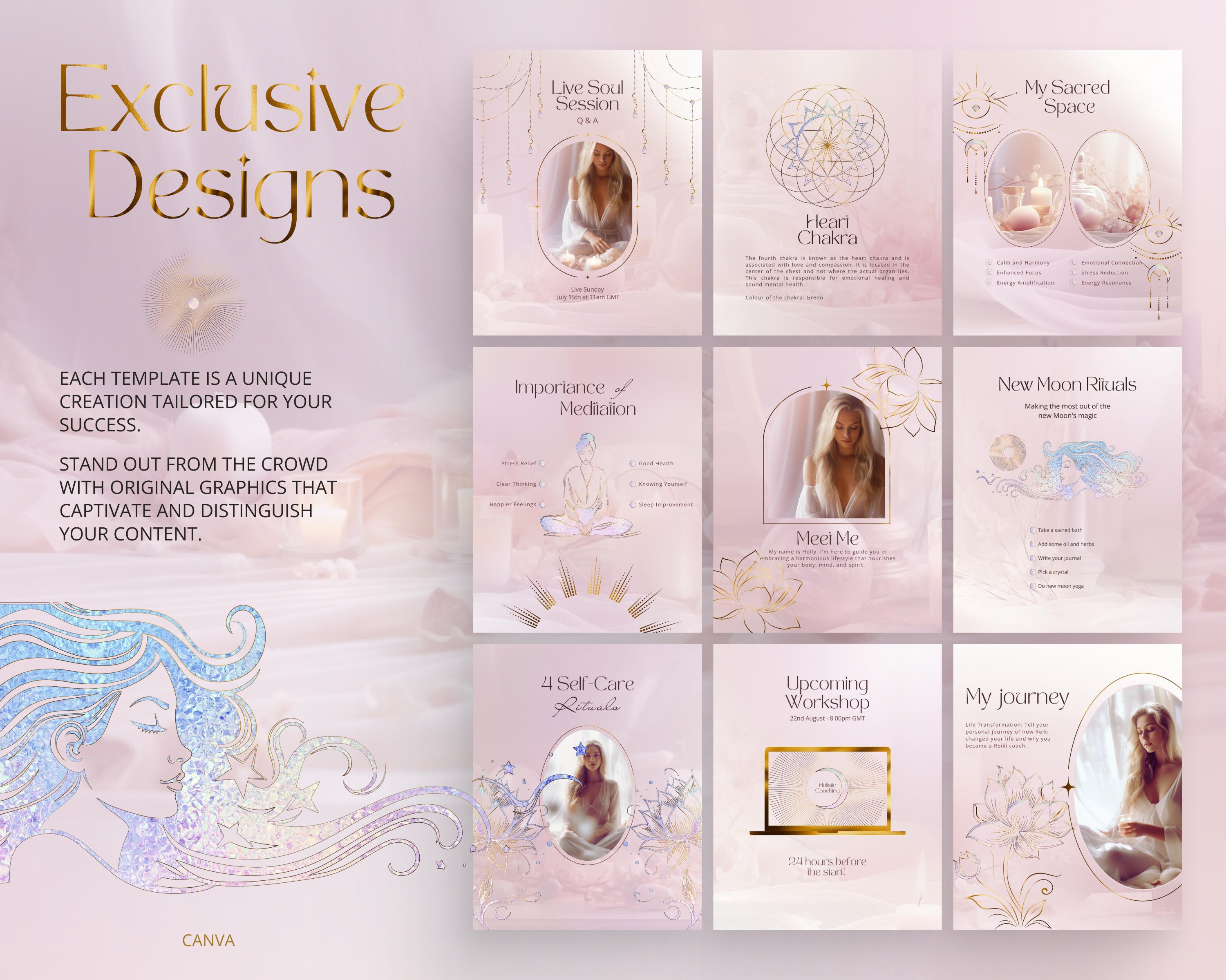 Spiritual Instagram Post Templates: Pink, Purple, Gold in Canva ...