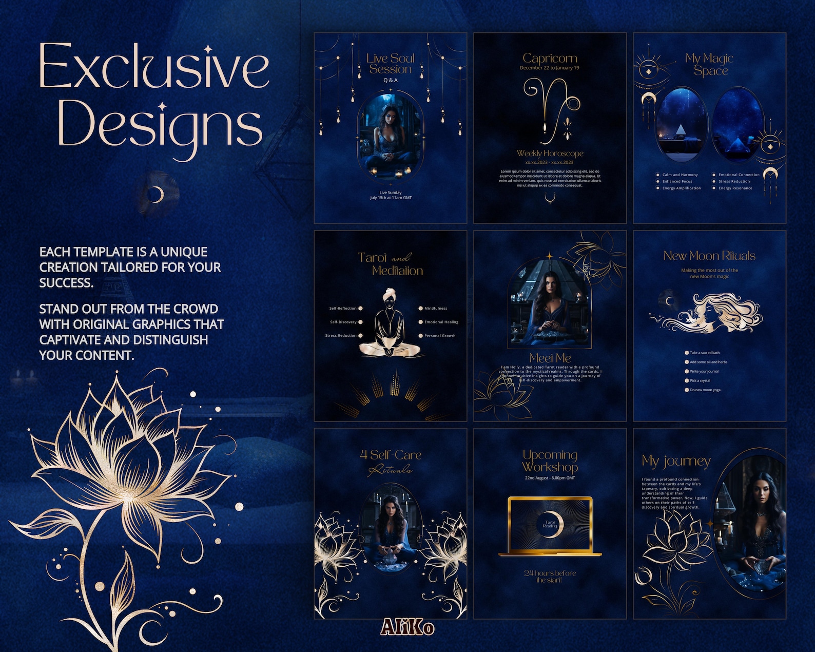 Spiritual Instagram Post Templates: Navy Blue, Gold in Canva | Mystic ...