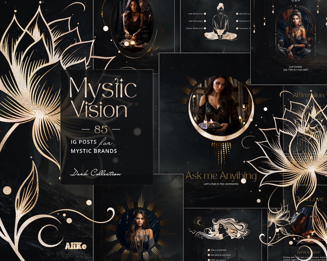 Mystic Instagram Post Templates: Black, Gold Canva Designs for Witchy ...