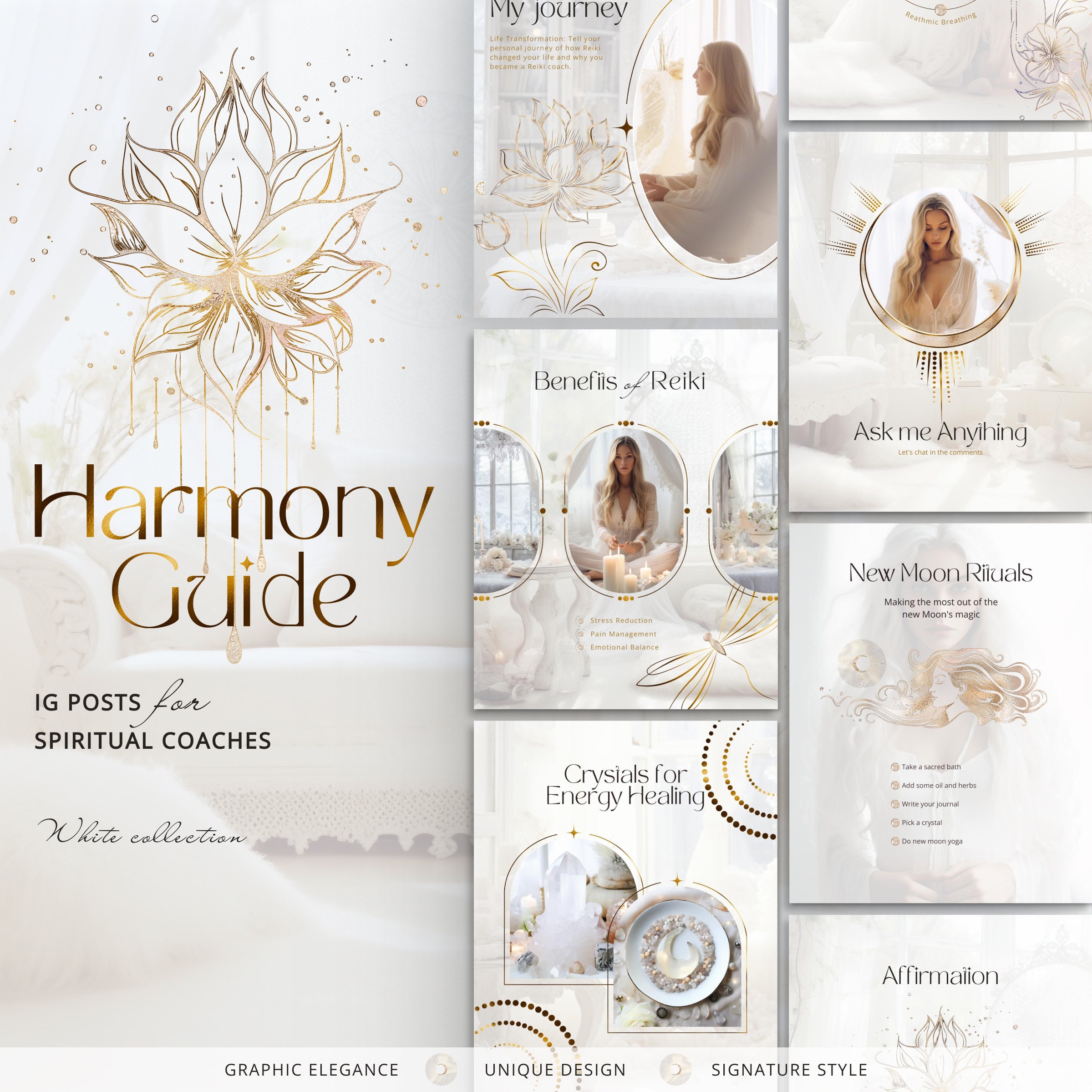 Spiritual Instagram Post Templates: White, Gold in Canva Holistic ...