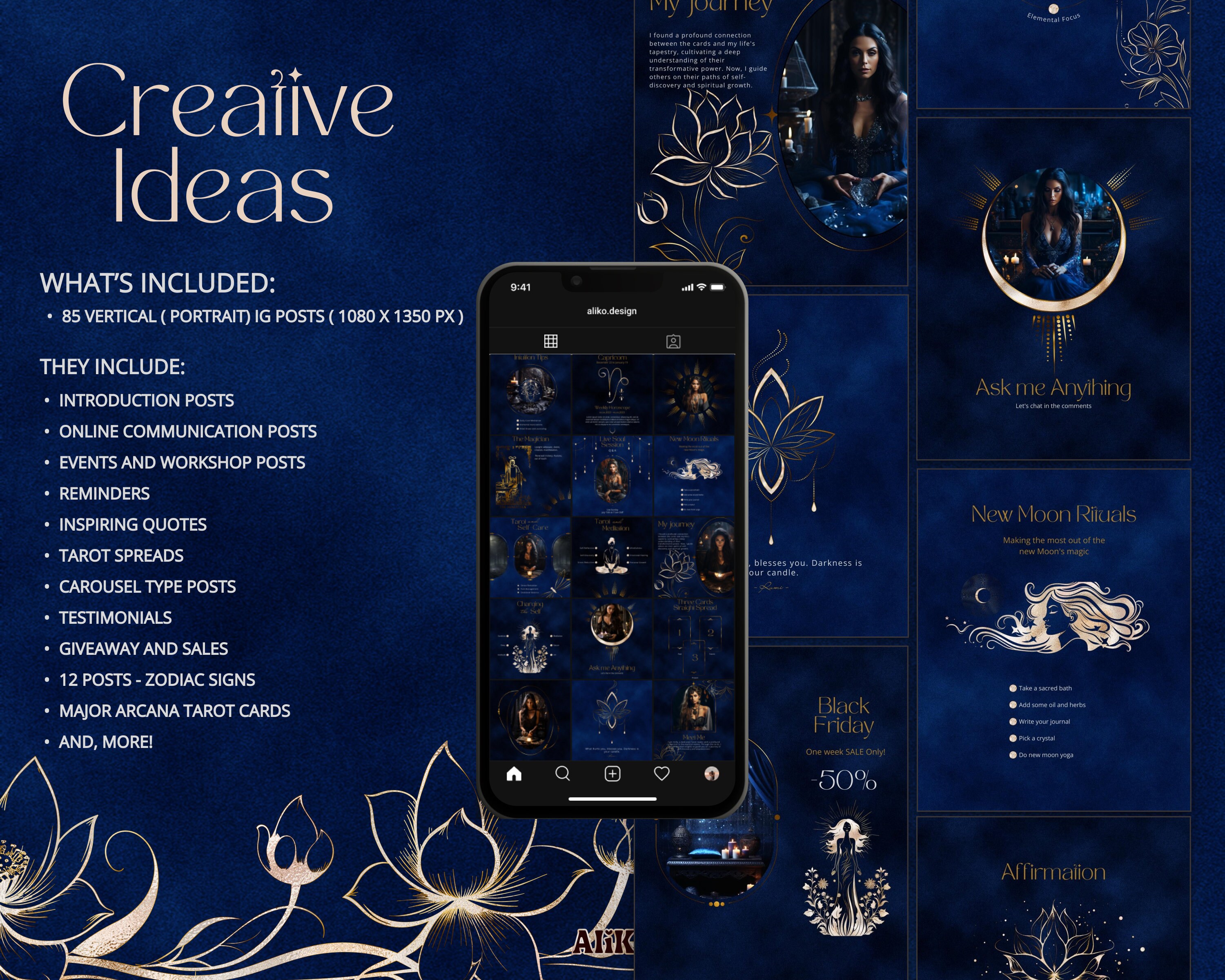 Spiritual Instagram Post Templates: Navy Blue, Gold in Canva | Mystic ...