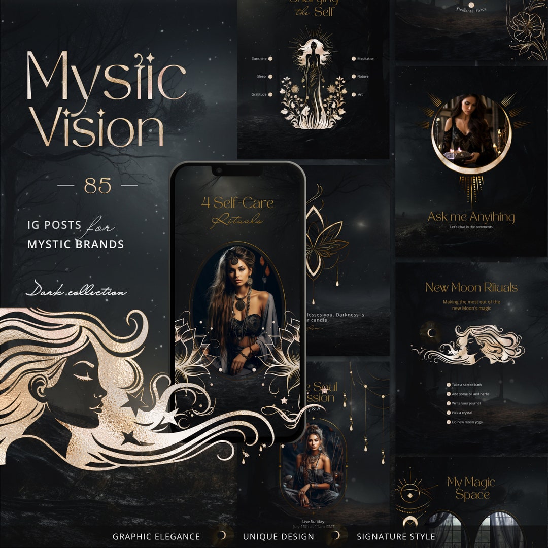 Spiritual Instagram Post Templates: Black, Gold in Canva Fantasy IG ...