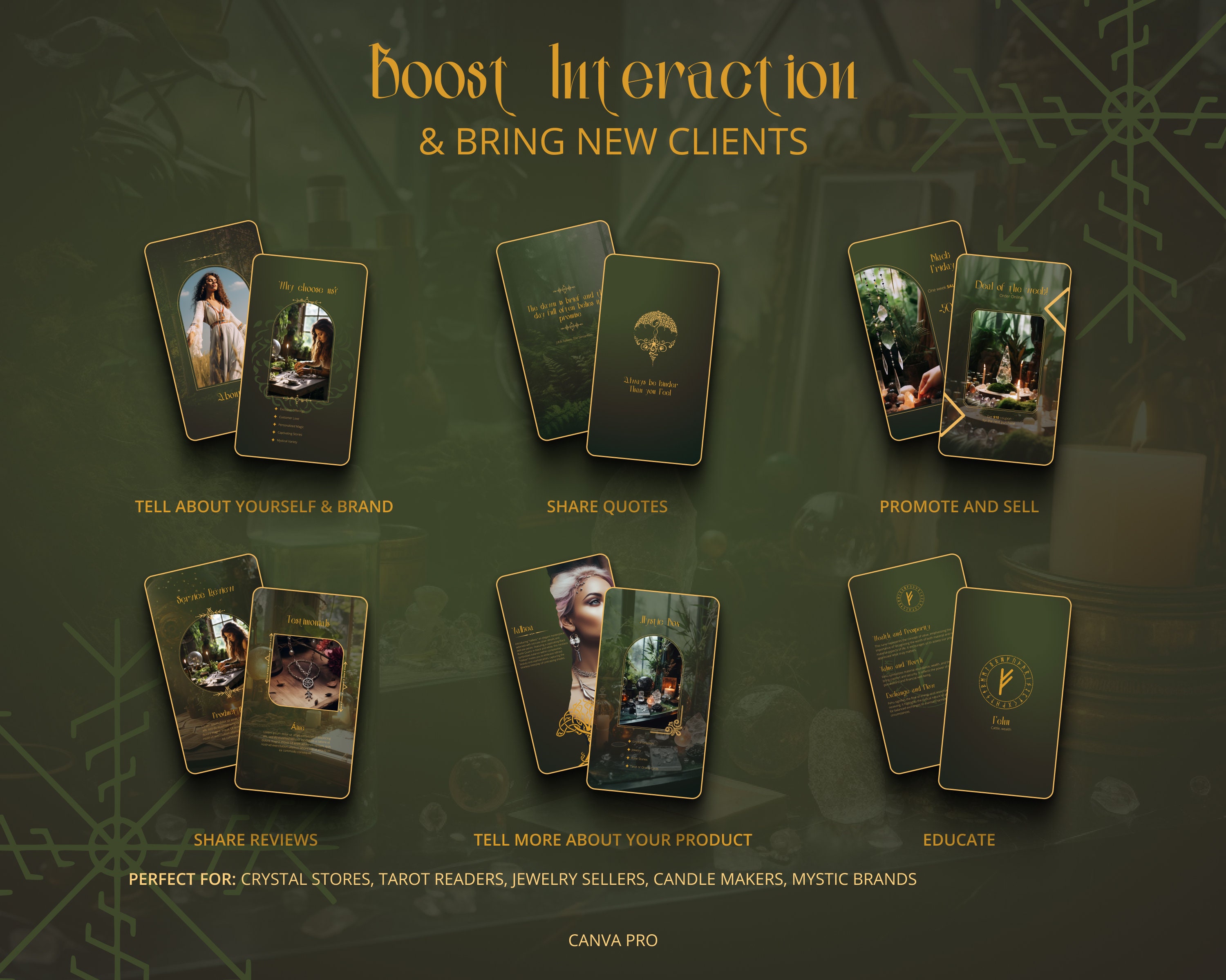 Spiritual Instagram Story Templates for Mystic Brand in Canva Green and ...