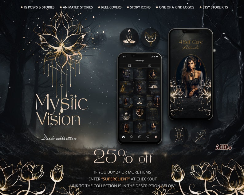 Spiritual Instagram Post Templates: Black, Gold in Canva Fantasy IG ...