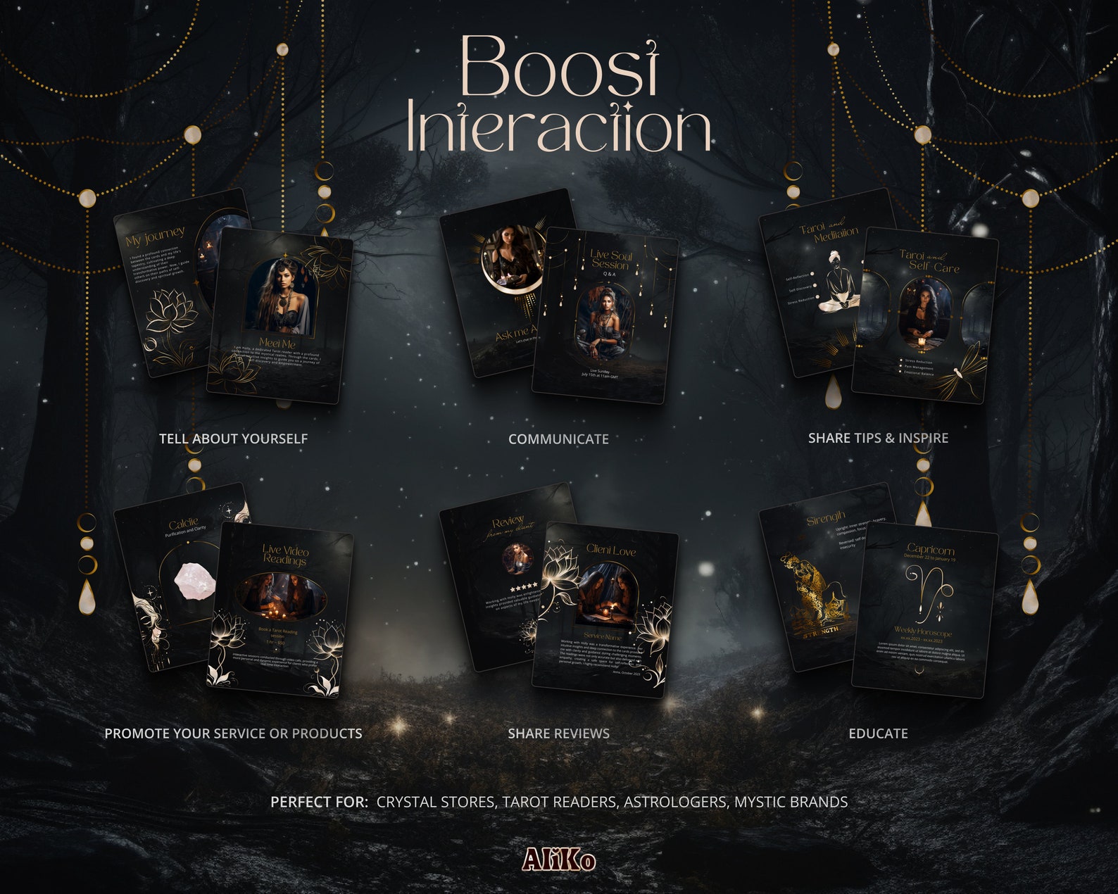 Mystic Instagram Post Templates: Black, Gold Canva Designs for Witchy ...