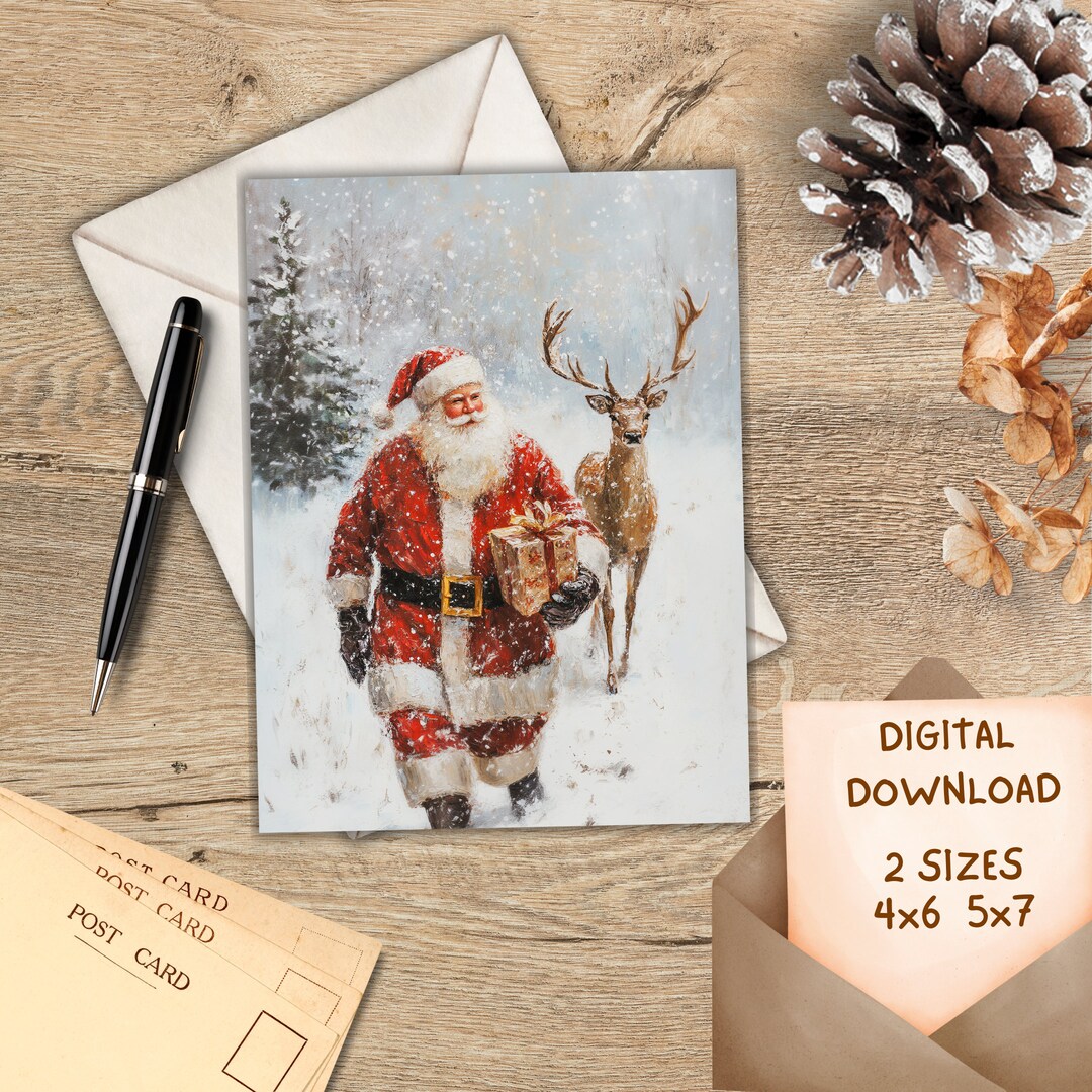 Printable Christmas Season Greeting Card, Santa Clause and Raindeer in ...