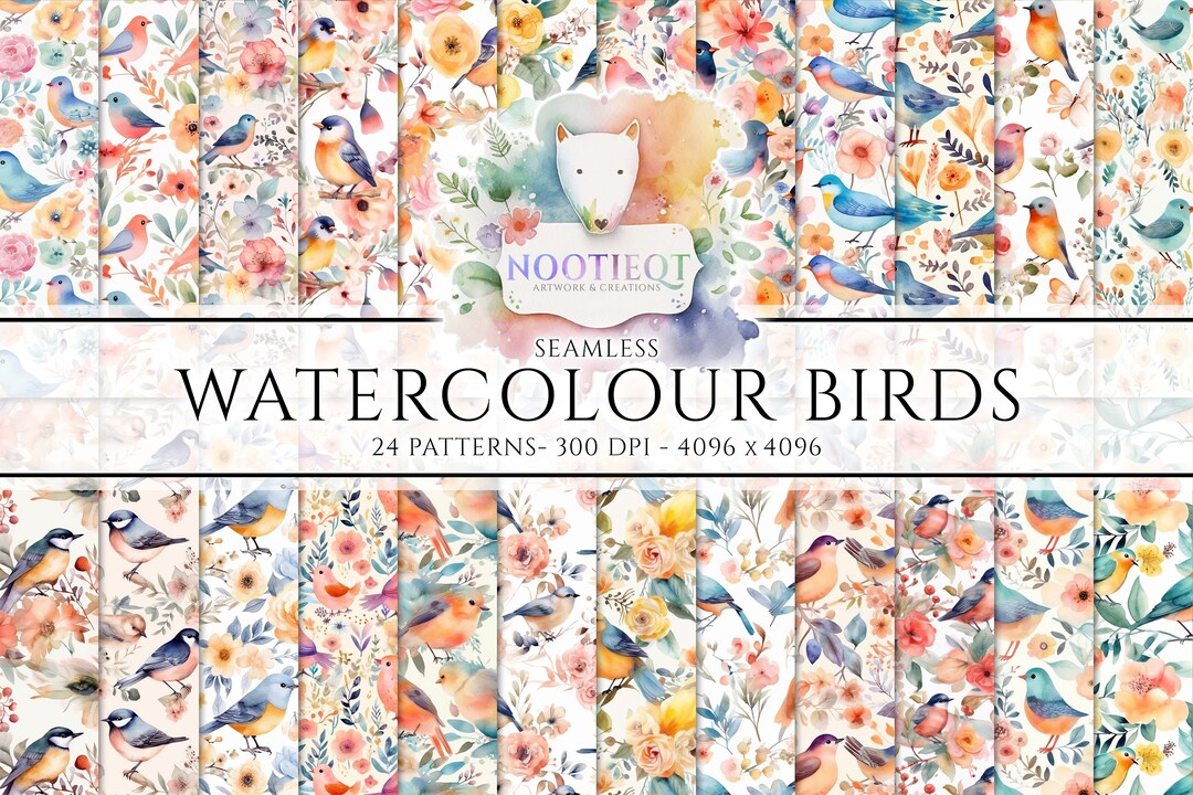 24 Seamless Watercolor Birds Patterns Paper Tiling Watercolor Bord ...