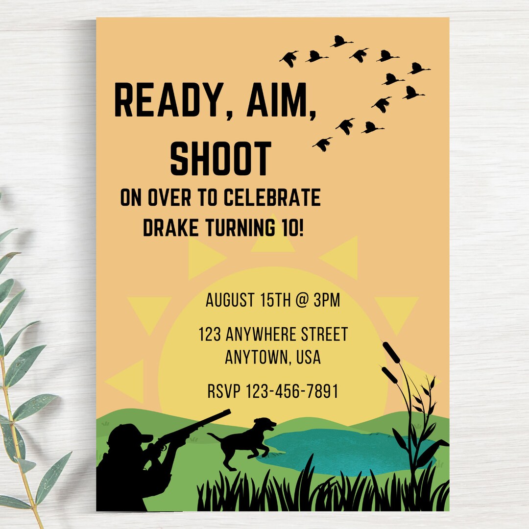 Ready, Aim, Shoot - Duck Hunting - Duck Hunter - Party Invite - Dog ...