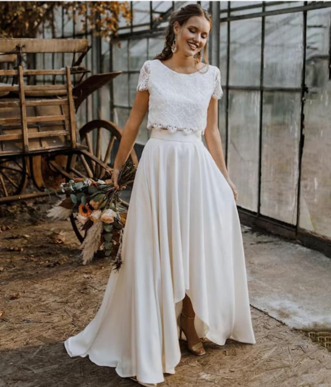 Boho Style Zweiteiler Brautkleid, Kurzarm Spitzentop und A-Line Flowy ...