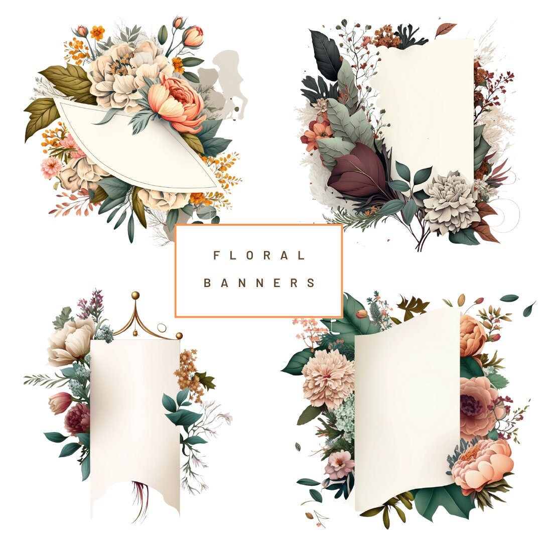 Watercolor Floral Banners and Clipart Birthday Party Banners Wedding ...