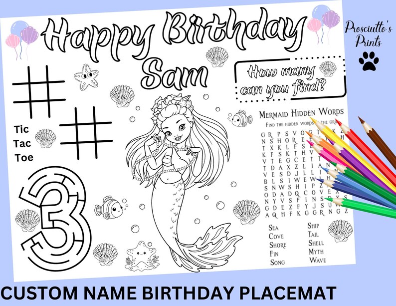 Mermaid Custom Name Birthday Activity Placemat, Personalized Mermaid ...