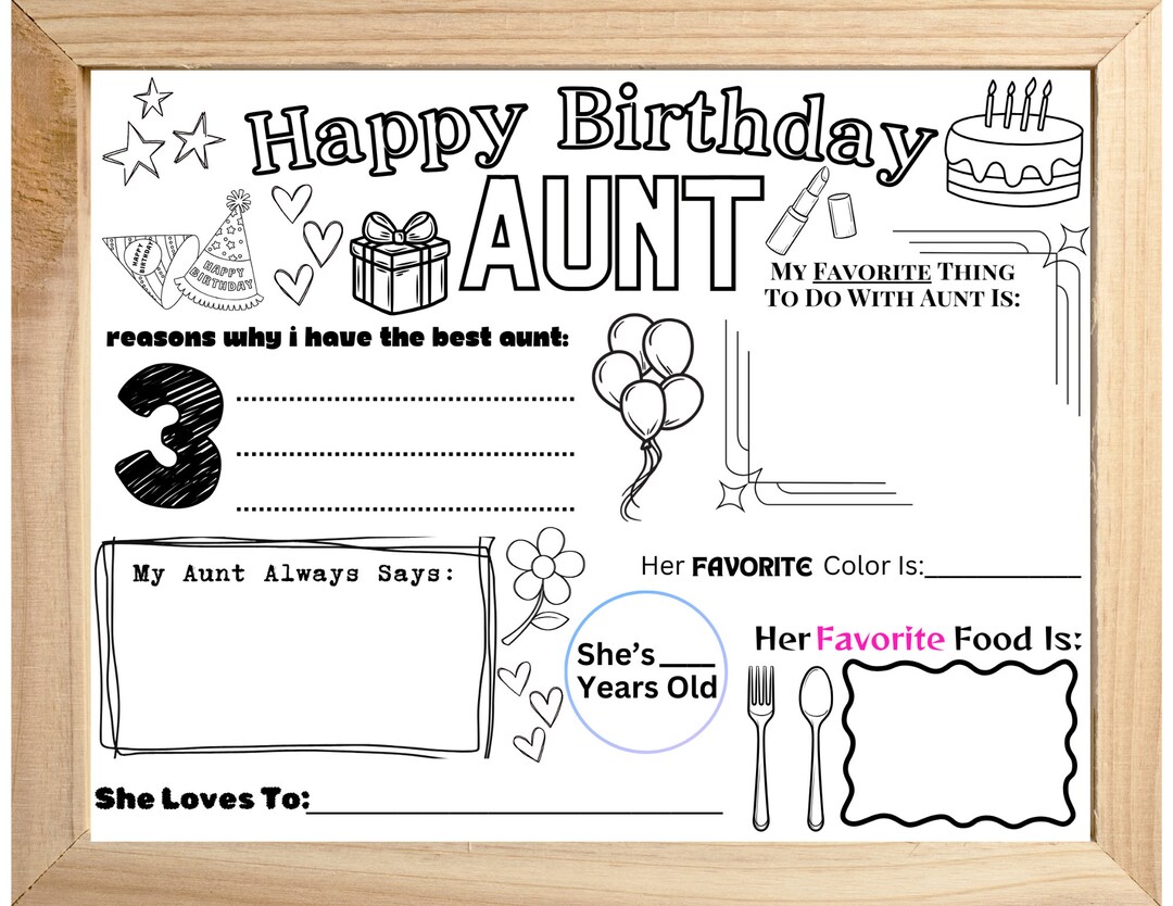 Happy Birthday Aunt Coloring Page, Printable All About My Aunt Fill in ...