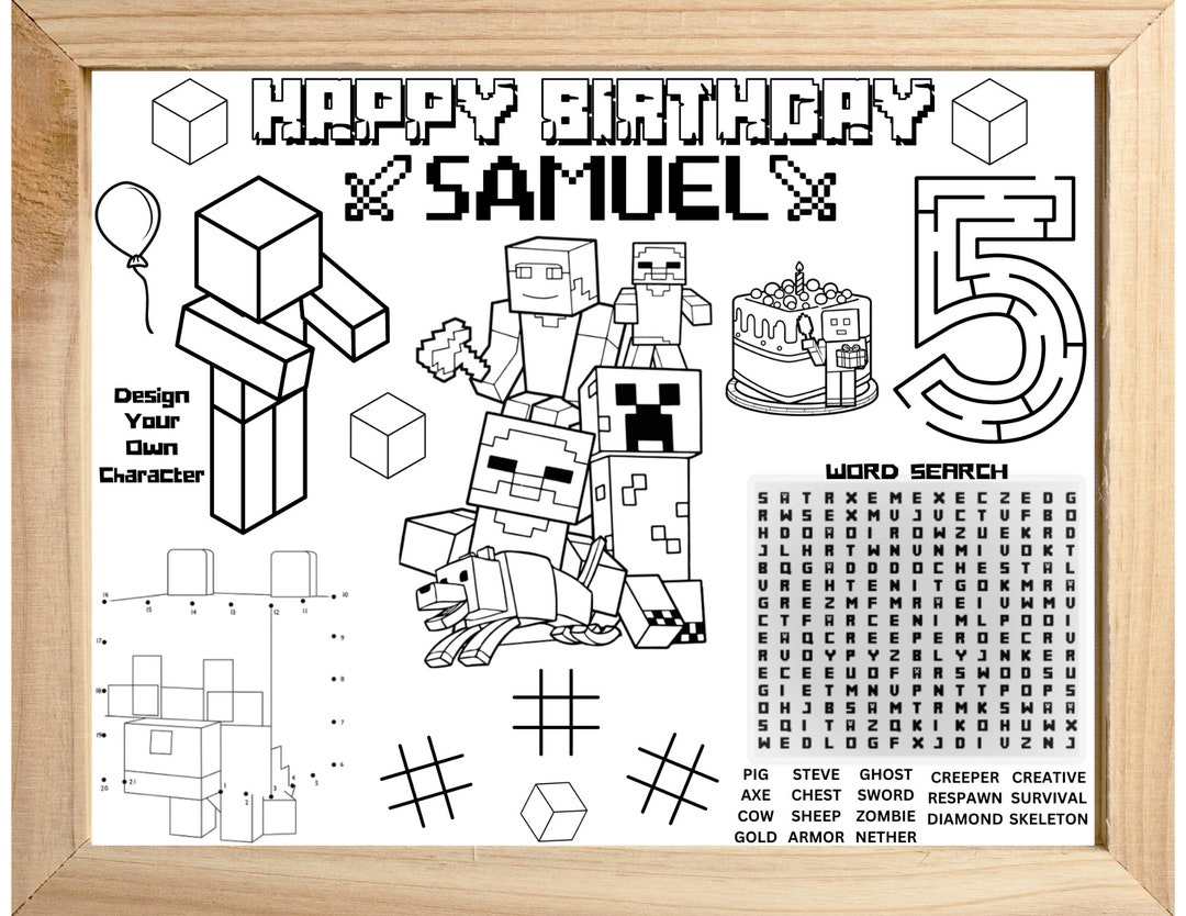 Personalized Minecraft Birthday Coloring Placemat, Minecraft Game ...