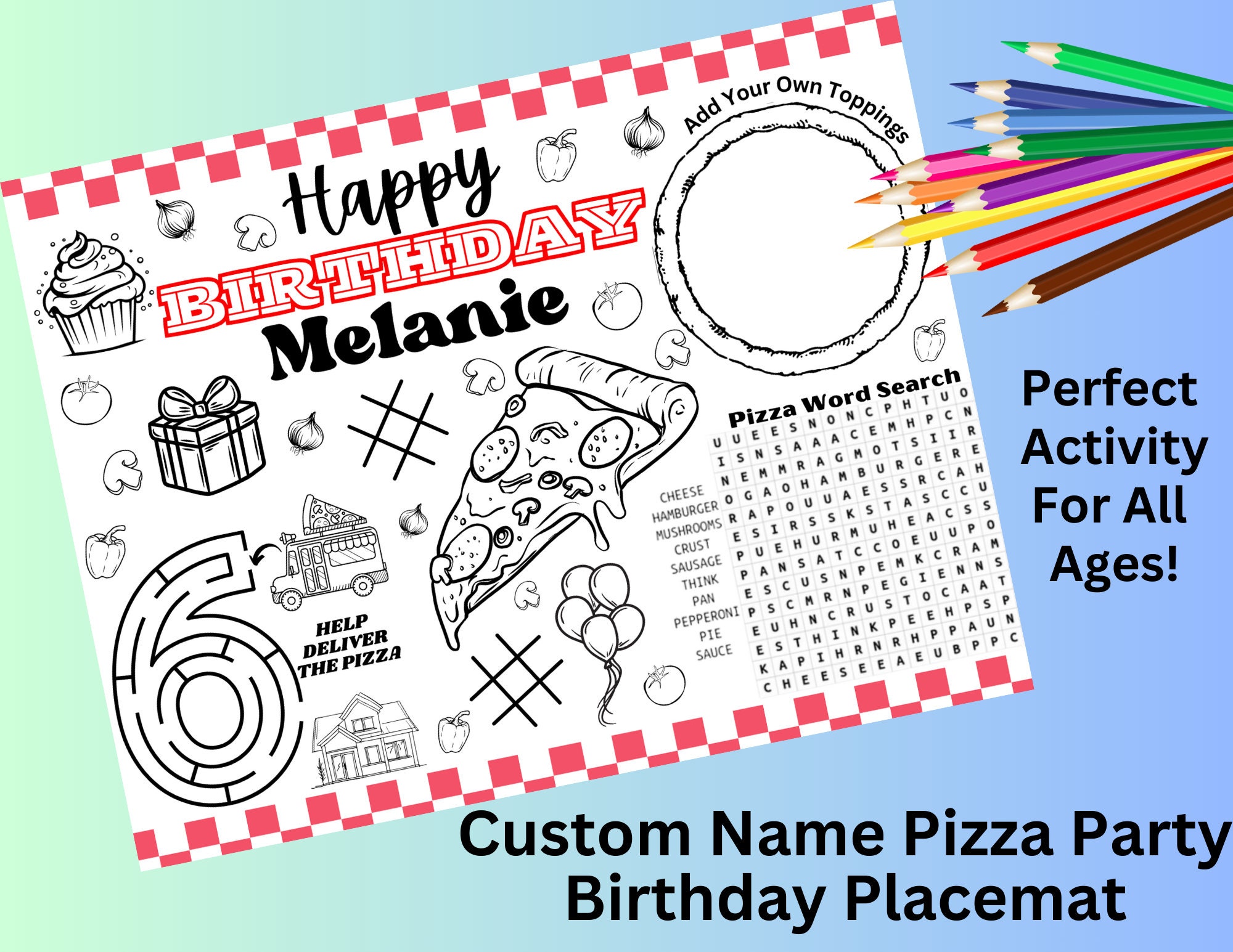 Editable Pizza Party Placemat, Printable Pizza Party Coloring Page ...