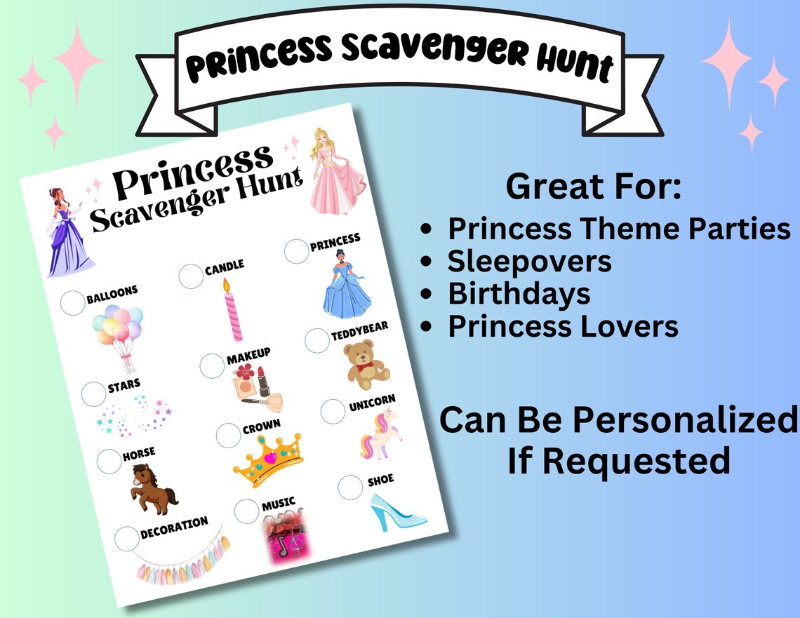 Princess Themed Scavenger Hunt, Princess Birthday Party Activity ...
