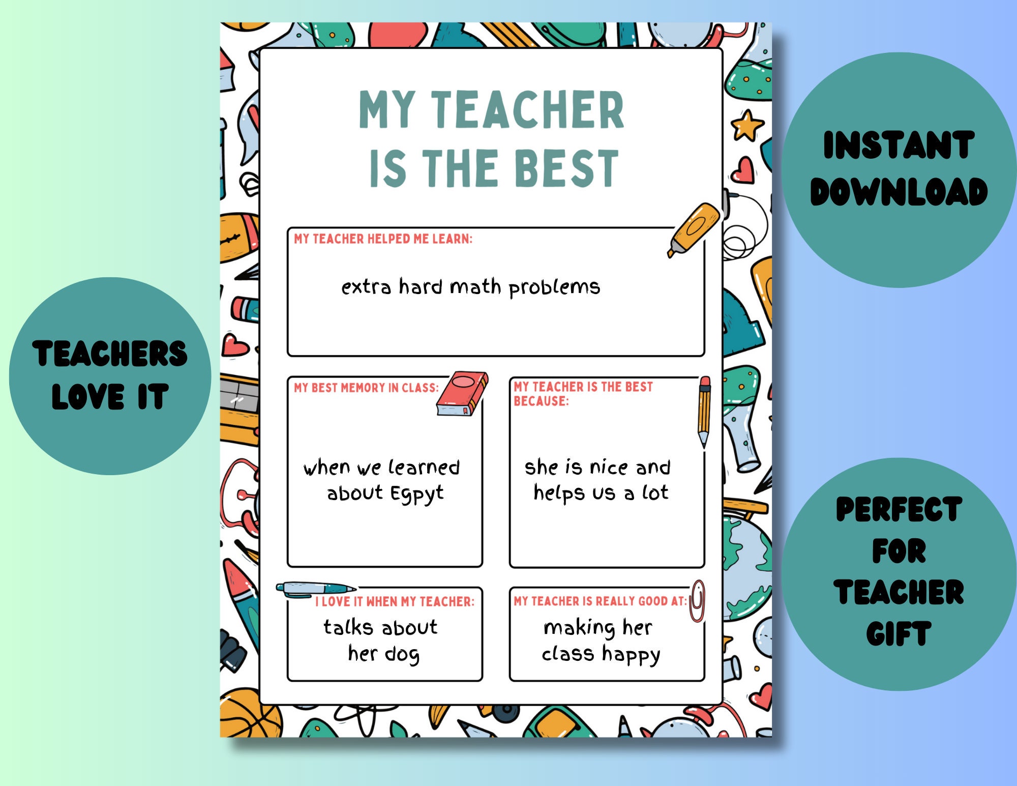 Fillable Teacher Appreciation Print PDF, Personal Teacher Appreciation ...