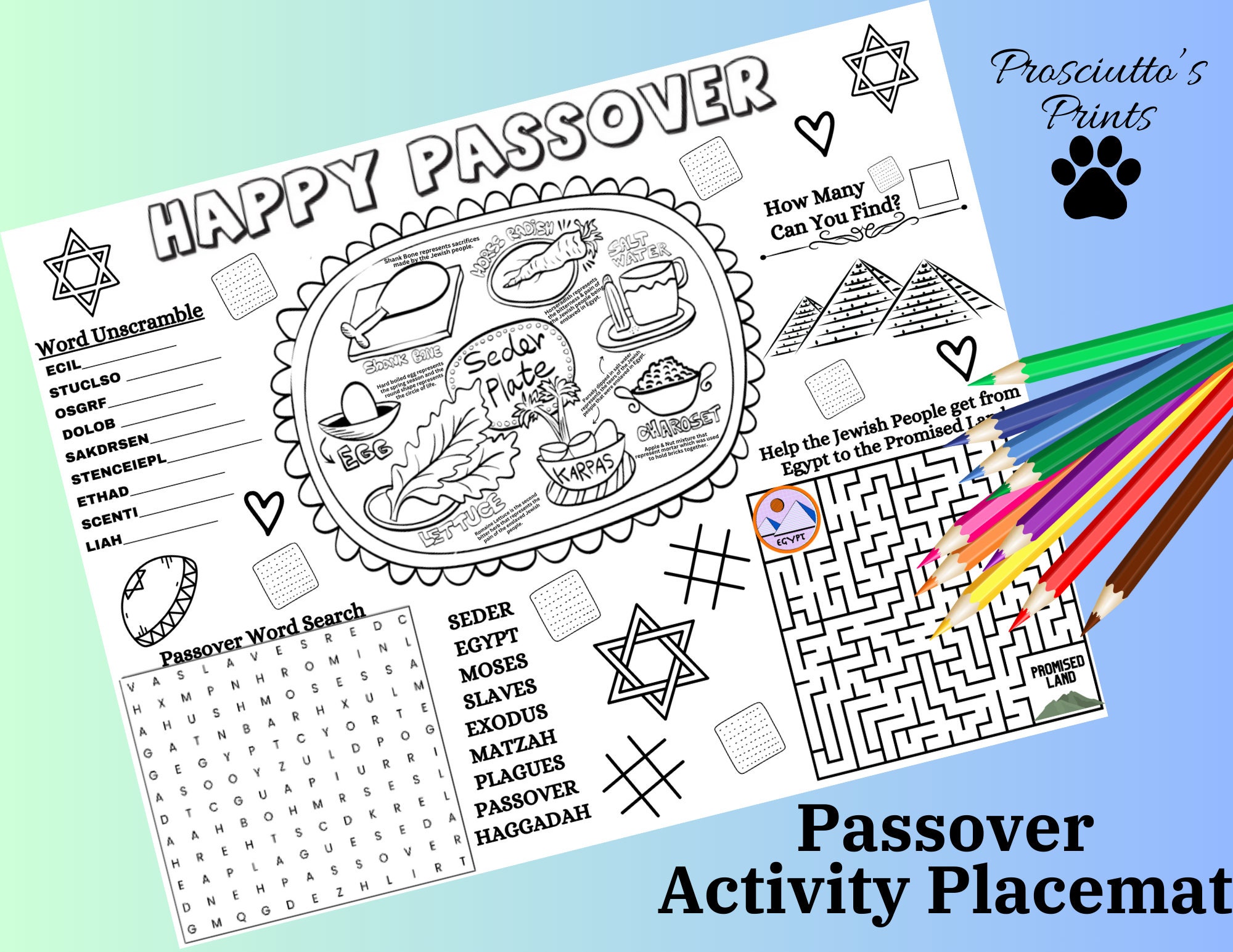 Kids Passover Pesach Activity Printable Placemat, Passover Seder Plate ...