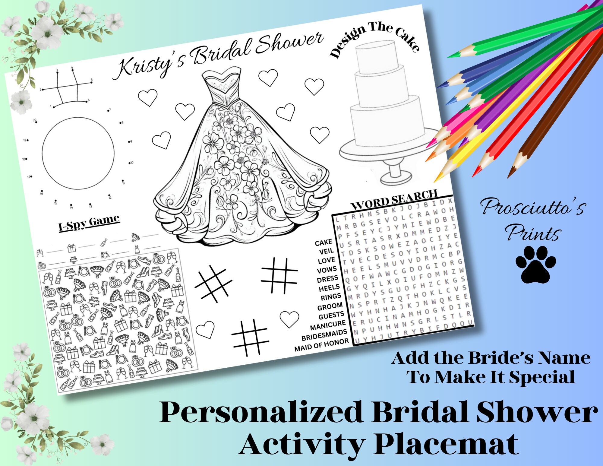 Personalized Bridal Shower Activity Coloring Placemat, Kids Wedding ...