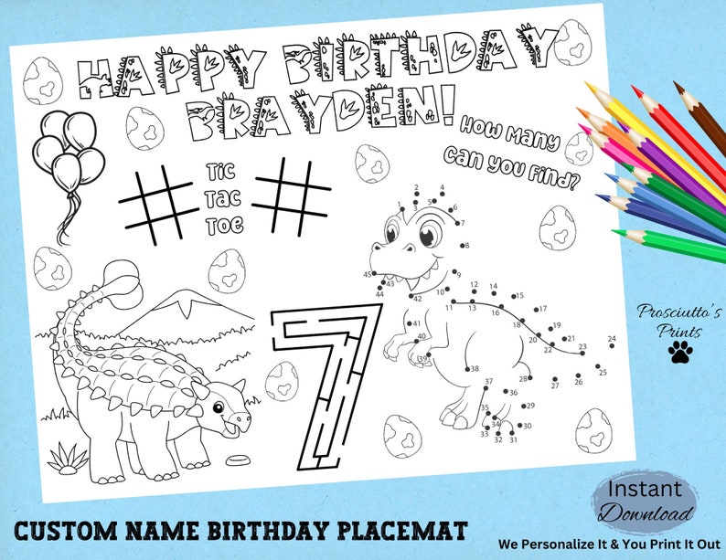 Dinosaur Birthday Activity Sheet, Personalized Dinosaur Birthday Party ...