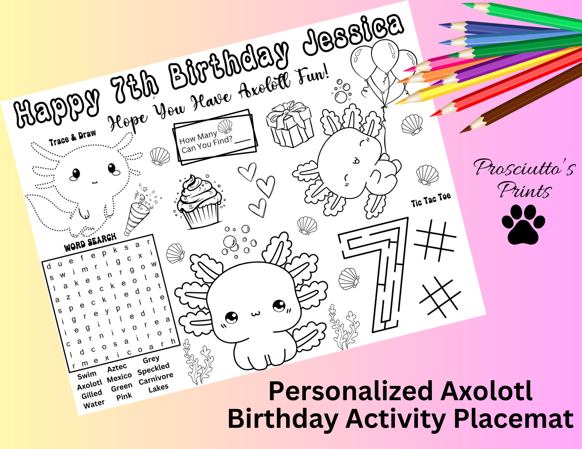 Axolotl Birthday Party Activity Sheet, Axolotl Party Favor, Axolotl ...