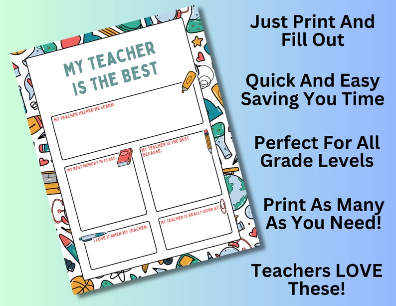 Fillable Teacher Appreciation Print PDF, Personal Teacher Appreciation ...