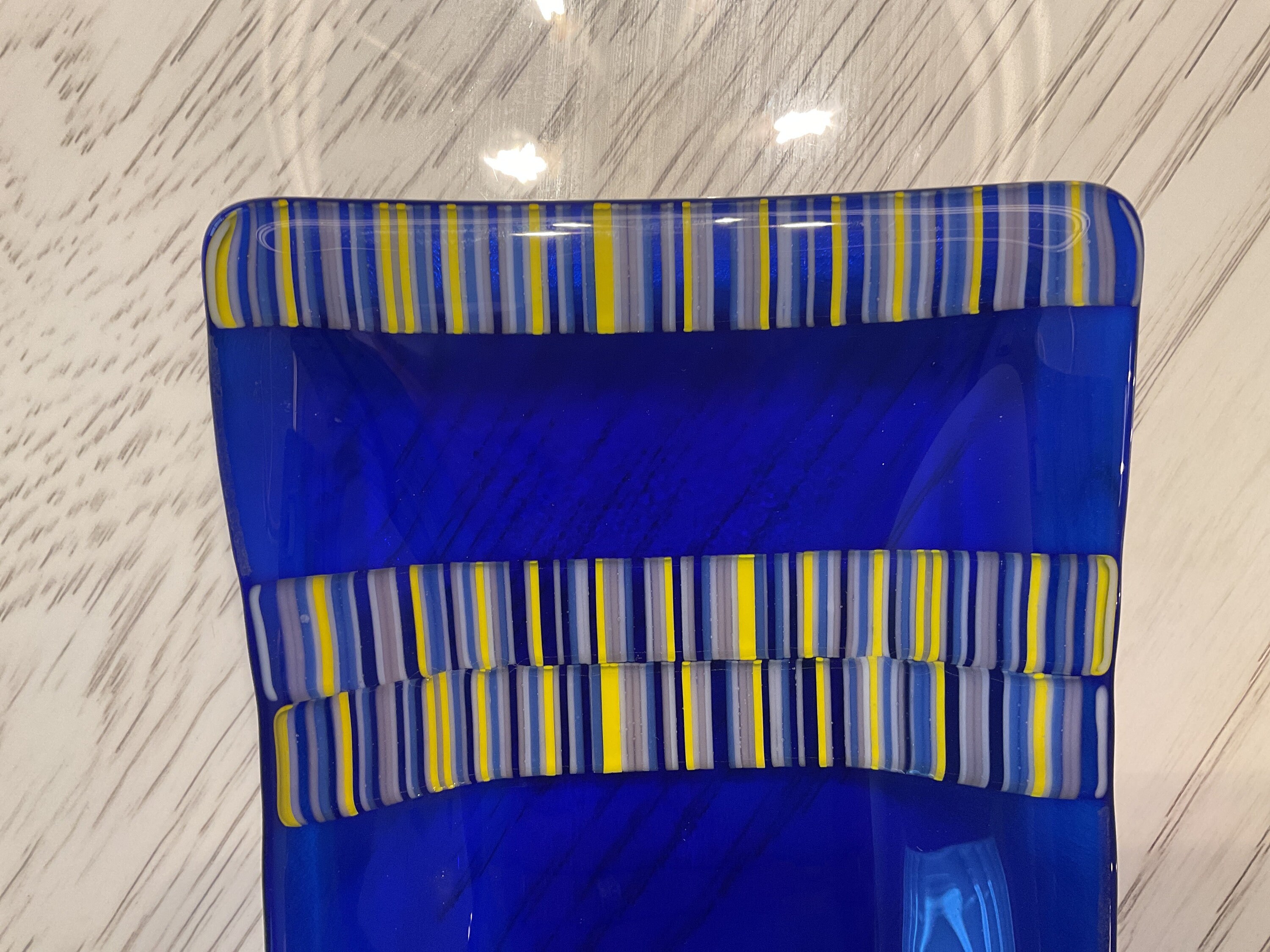 Fused Royal Blue Glass Tray With Tapestry Design of Yellow, White, Blue ...