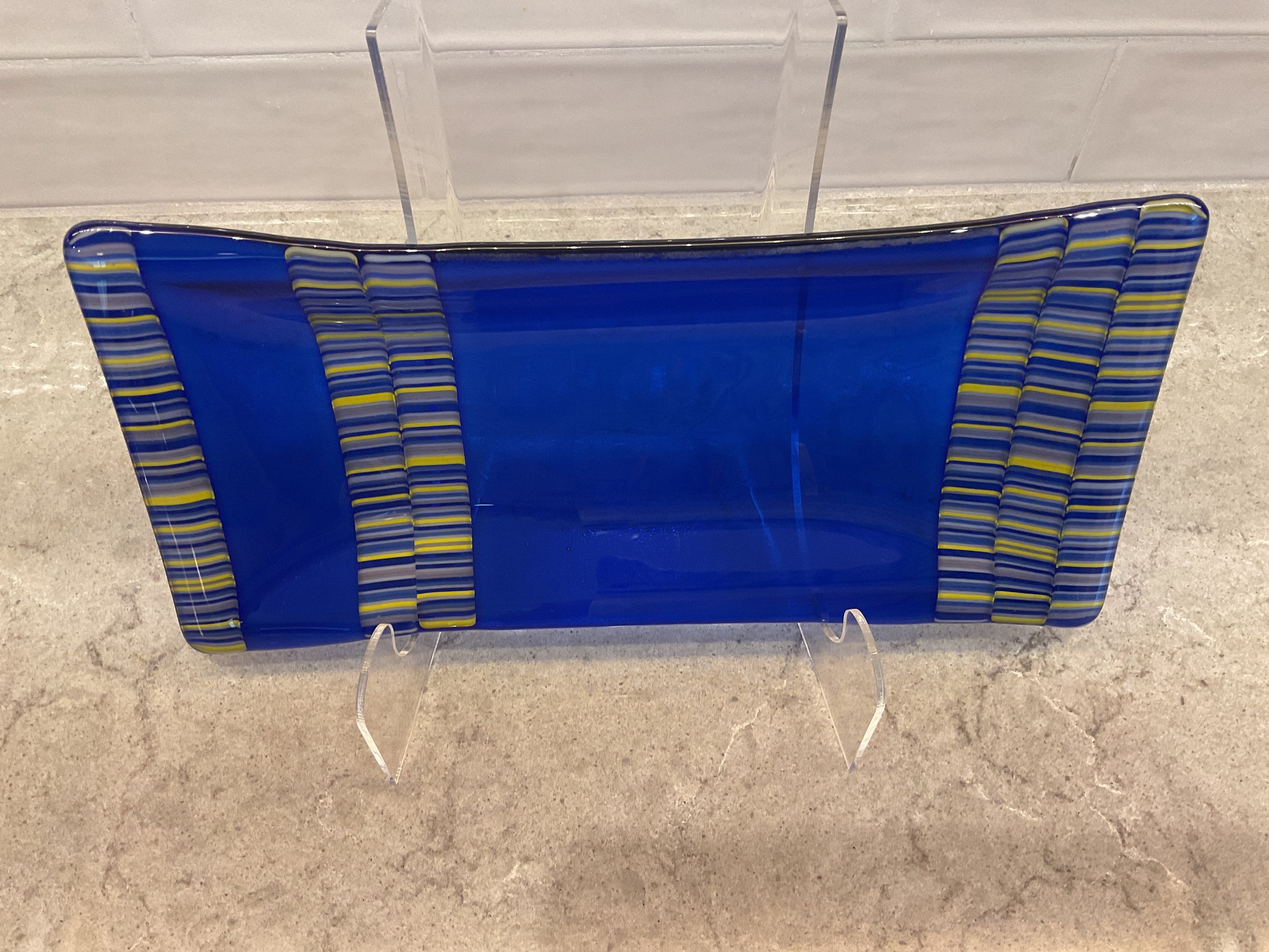 Fused Royal Blue Glass Tray With Tapestry Design of Yellow, White, Blue ...