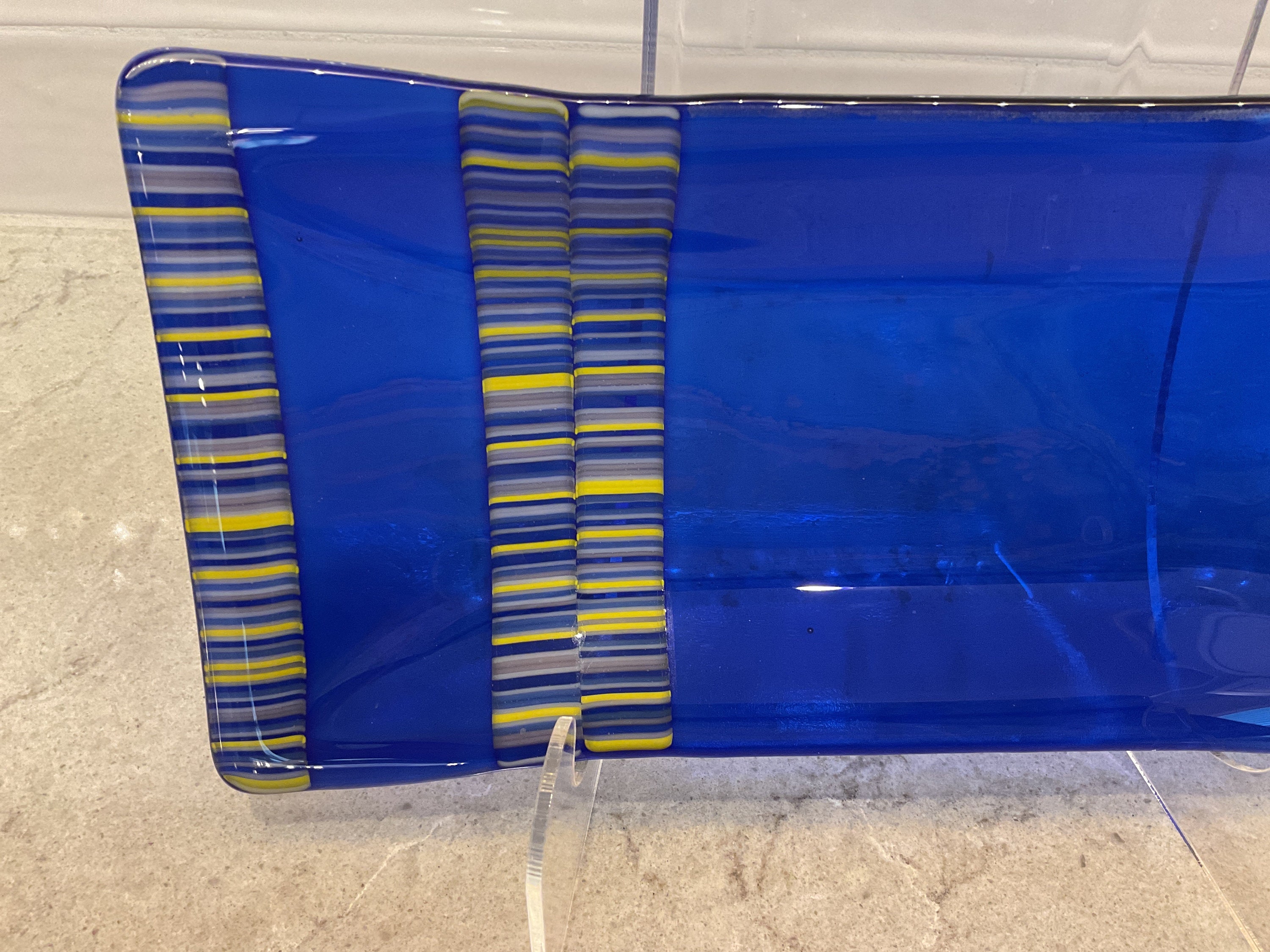 Fused Royal Blue Glass Tray With Tapestry Design of Yellow, White, Blue ...
